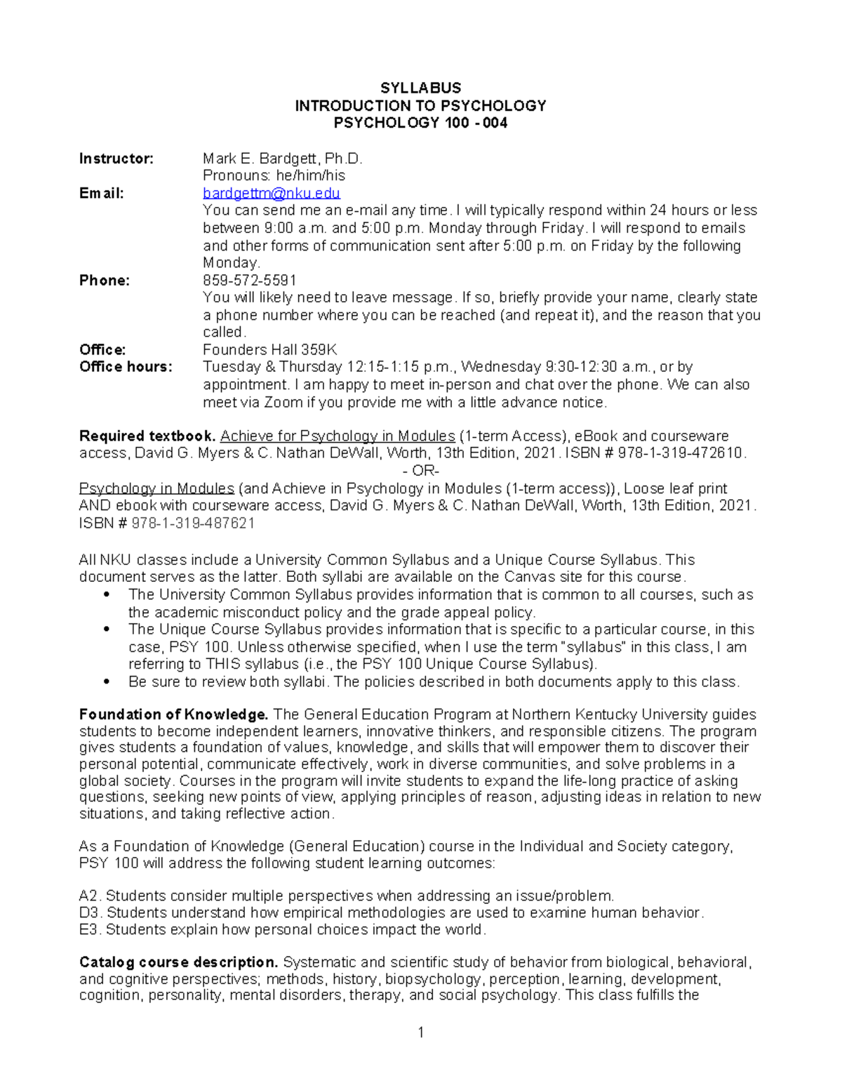 PSY 100 Fall 2023 syllabus - SYLLABUS INTRODUCTION TO PSYCHOLOGY ...