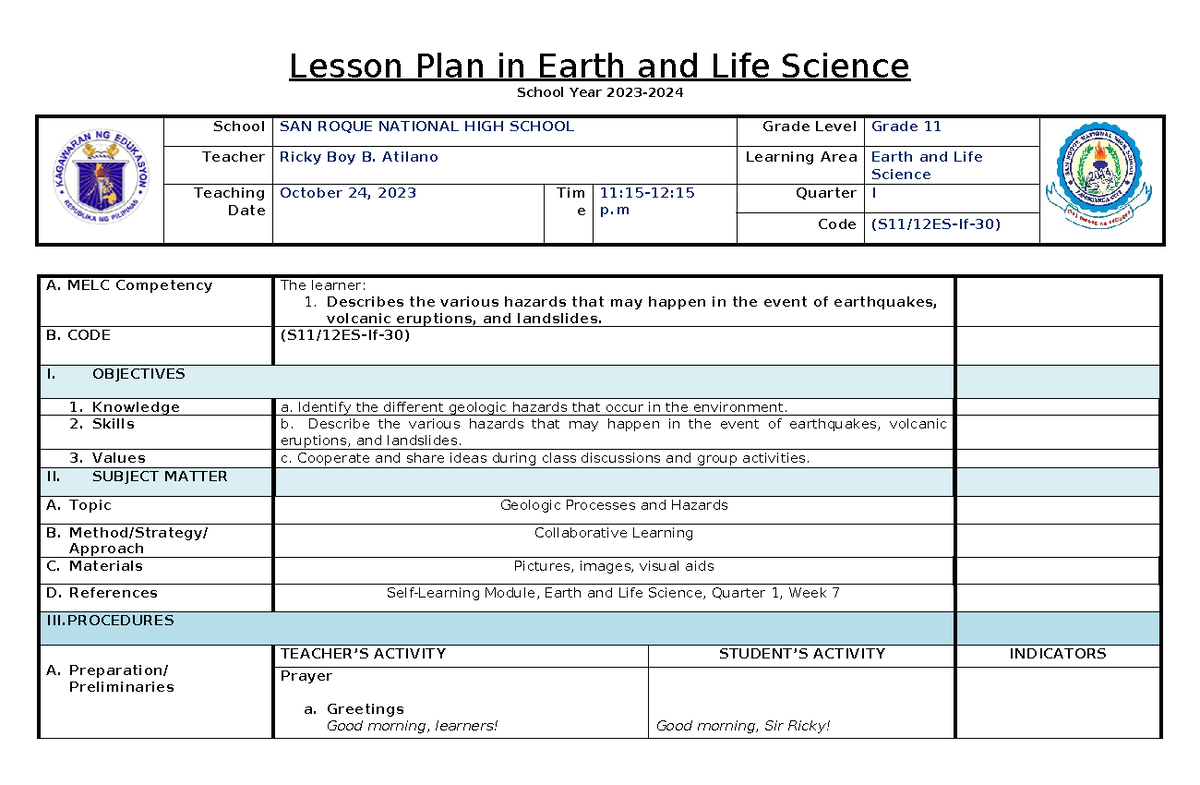 EALS CO1- Final LP-1 - LESSON PLAN IN SCIENCE - Lesson Plan in Earth ...