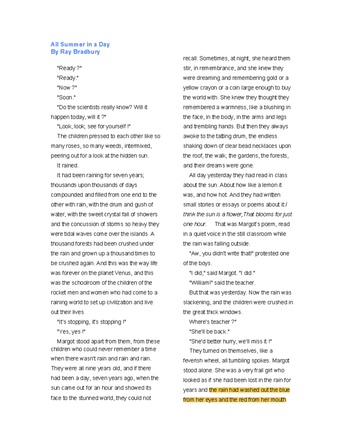 All Summer in a Day by Ray Bradbury - All Summer in a Day By Ray ...