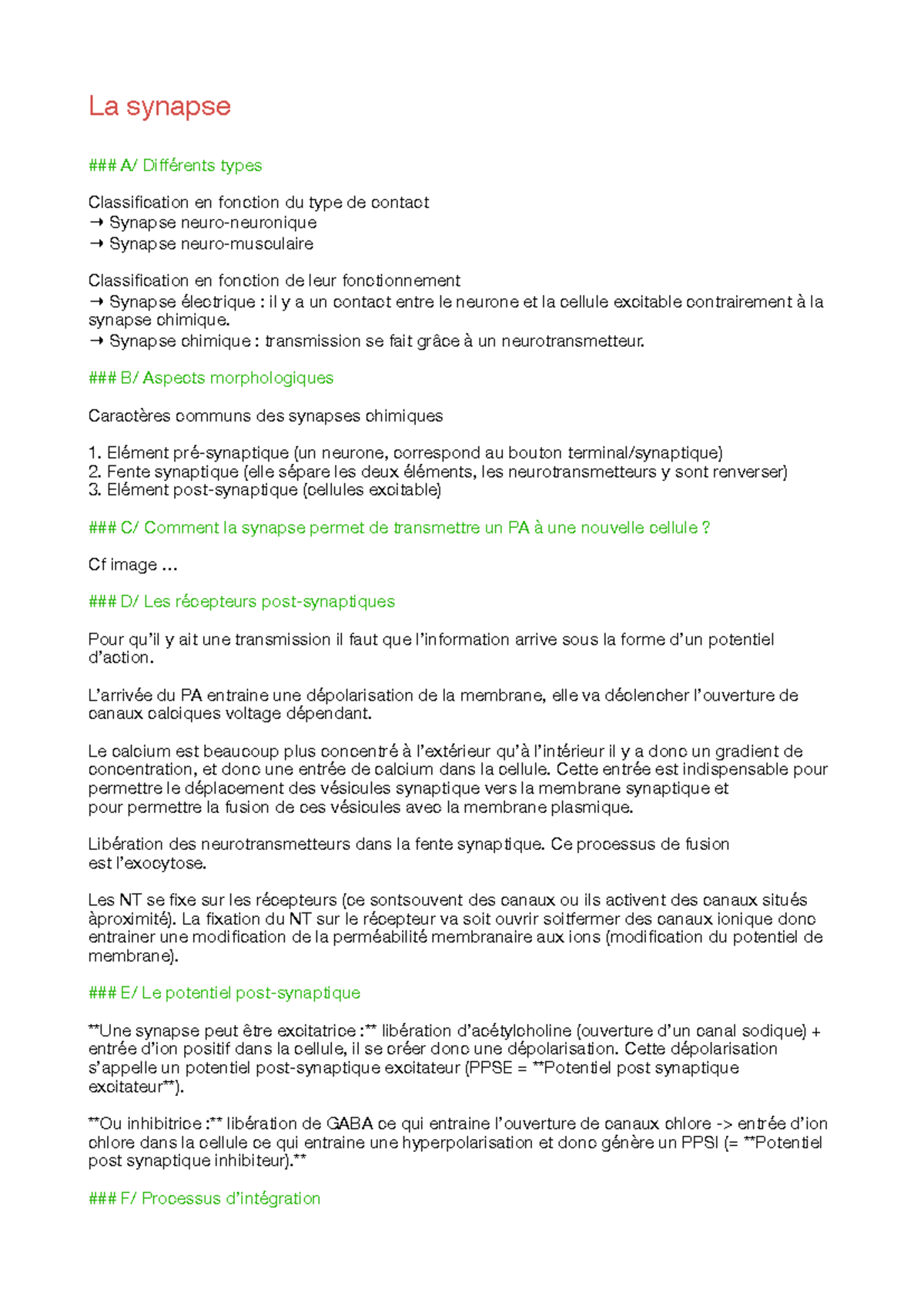 Chap synapse physio - La synapse A/ Différents types Classification en ...