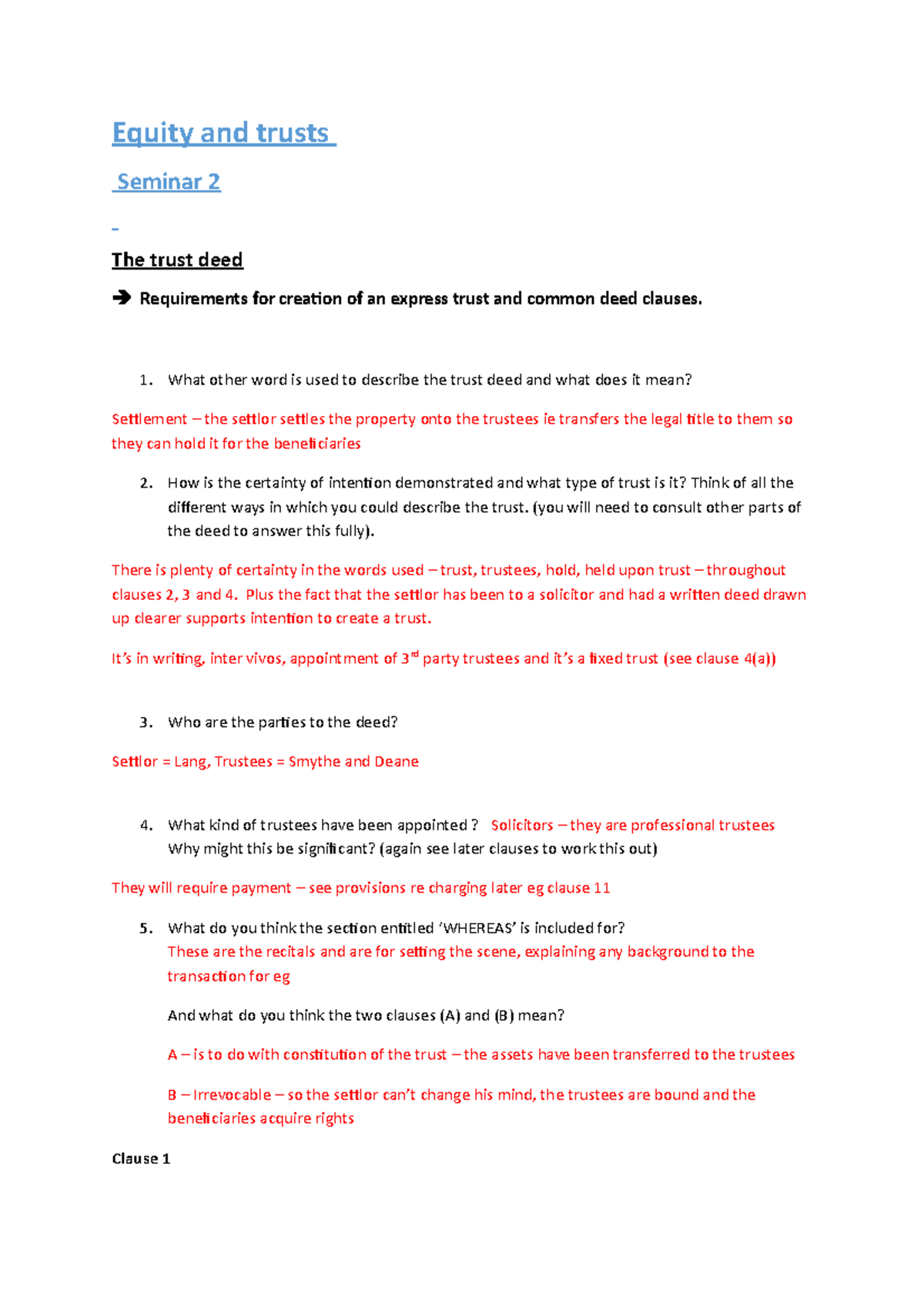 Equity and Trust Seminar 2 (The Trust deed) - Equity and trusts Seminar ...