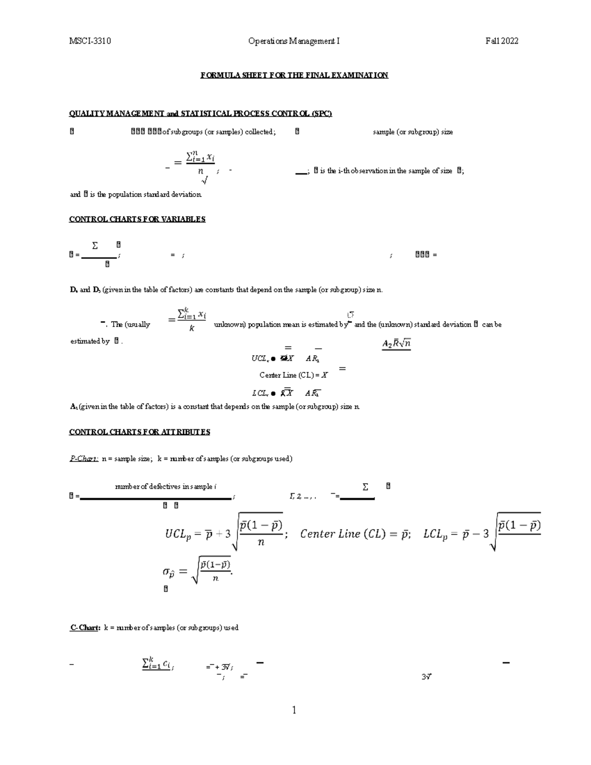 Formula Sheet 1 - FORMULA SHEET FOR THE FINAL EXAMINATION QUALITY ...