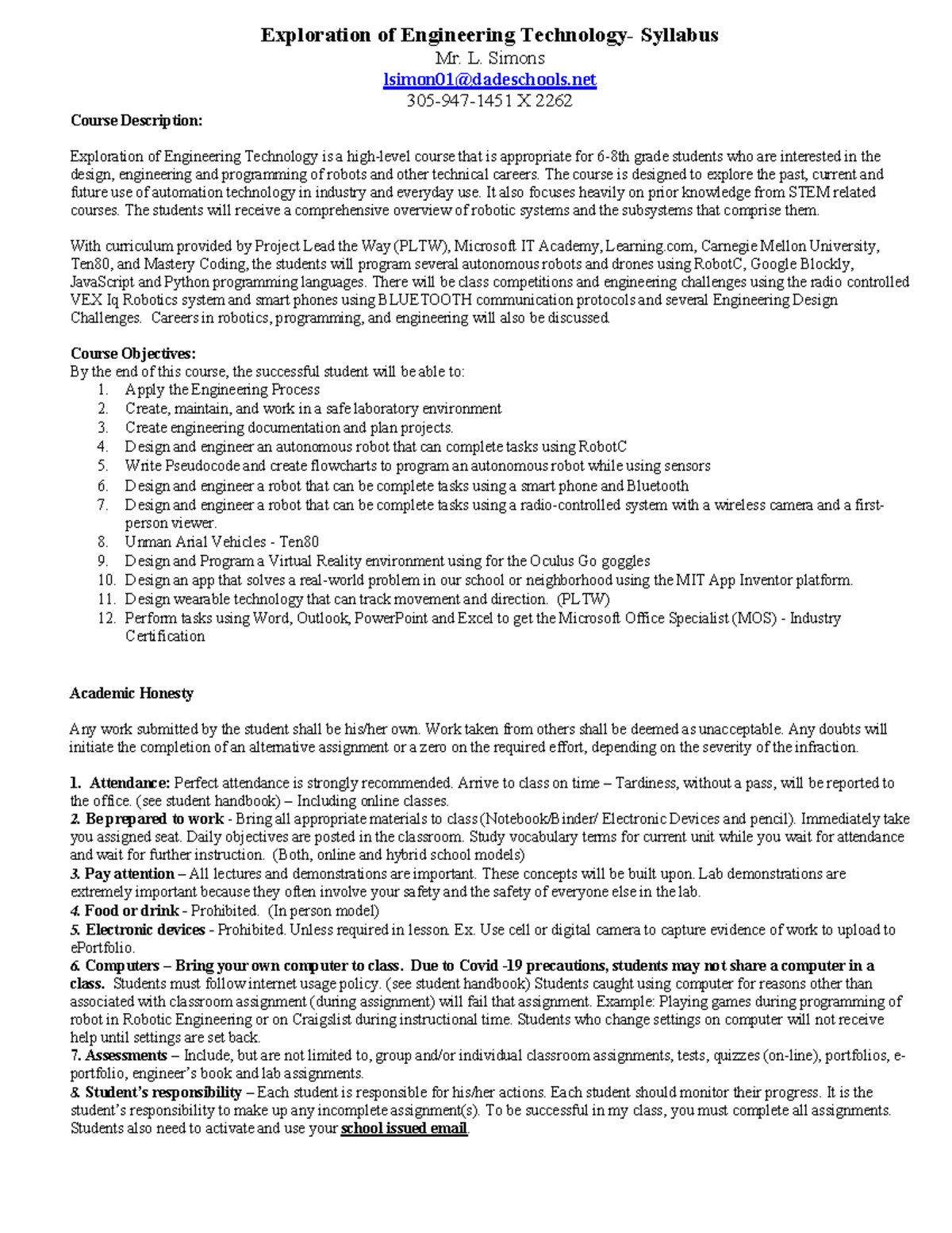 Mr. Simons Syllabus 2020-2021 - Exploration of Engineering Technology ...