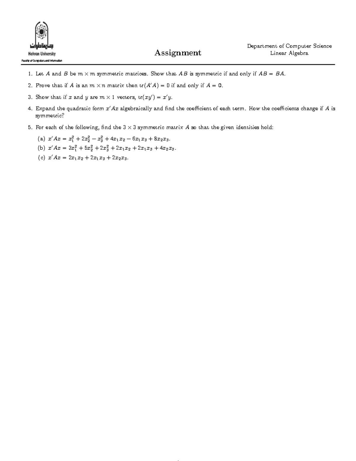 HWLinear Algebra 01 - Practice tutorial shared by professor - Faculty of Computers and - Studocu