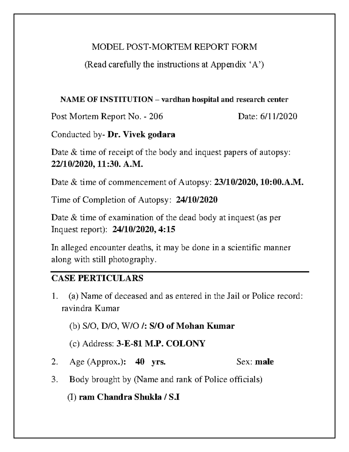 PMR MODEL POST MORTEM REPORT FORM Read Carefully The