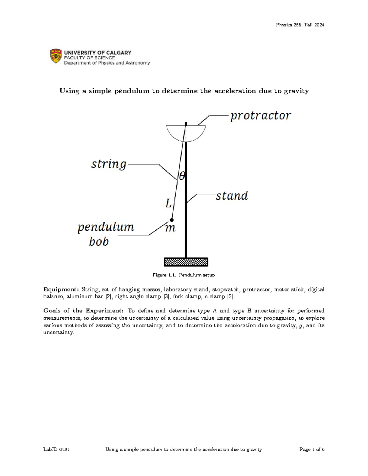 PHYS 365 369 F2024 - Lab 1 - Using a simple pendulum to determine the acceleration due to ...