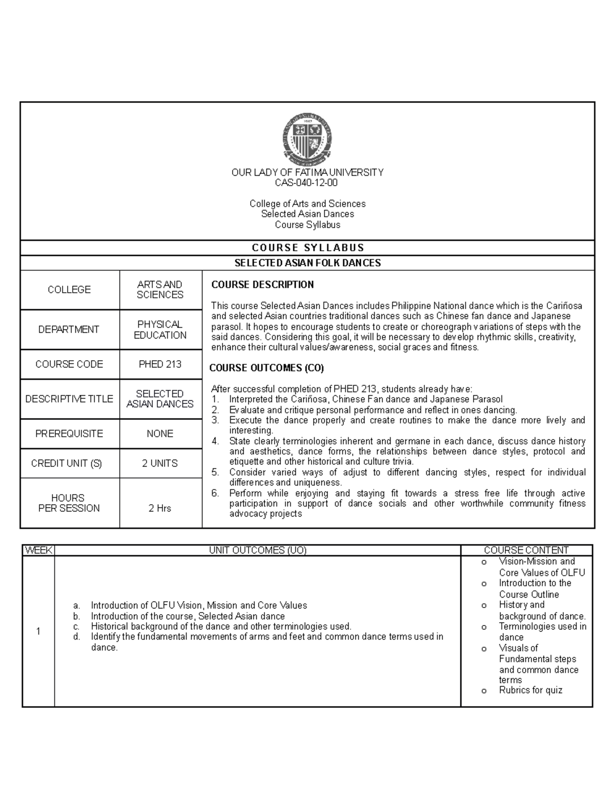 PHED 213 - Syllabus 2020 - OUR LADY OF FATIMA UNIVERSITY CAS-040-12 ...