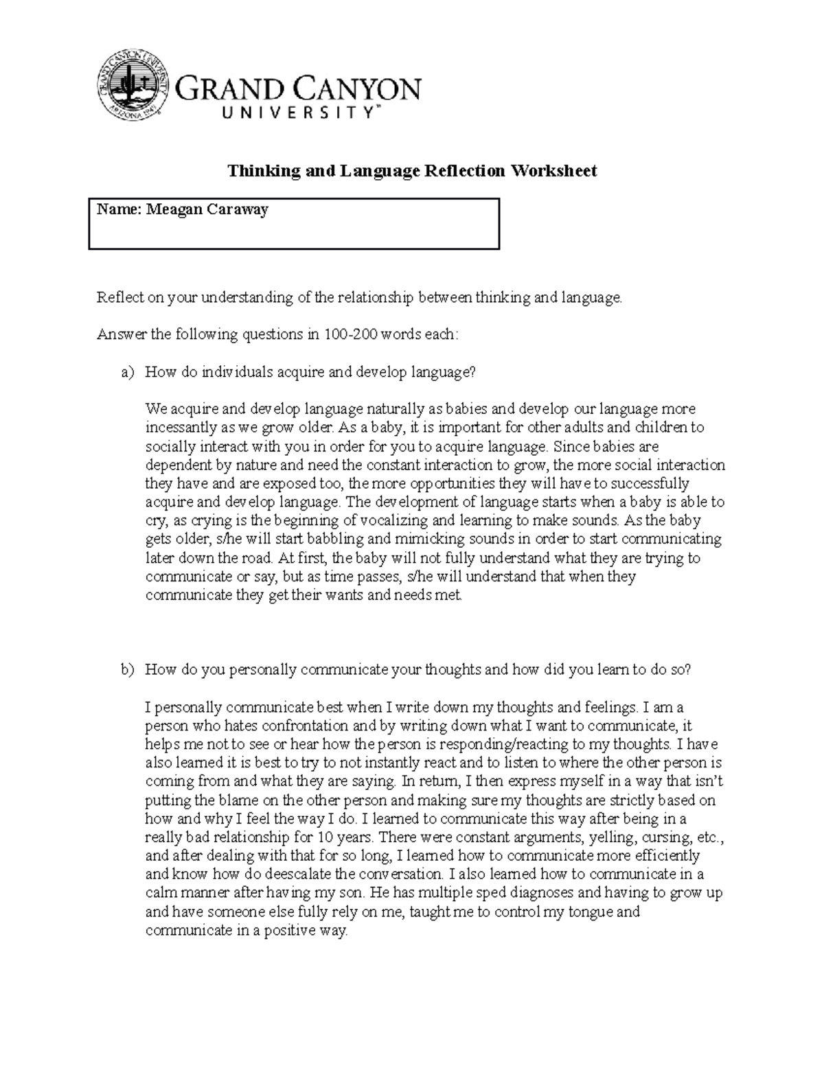Thinking and language worksheet- week 5 - Thinking and Language ...