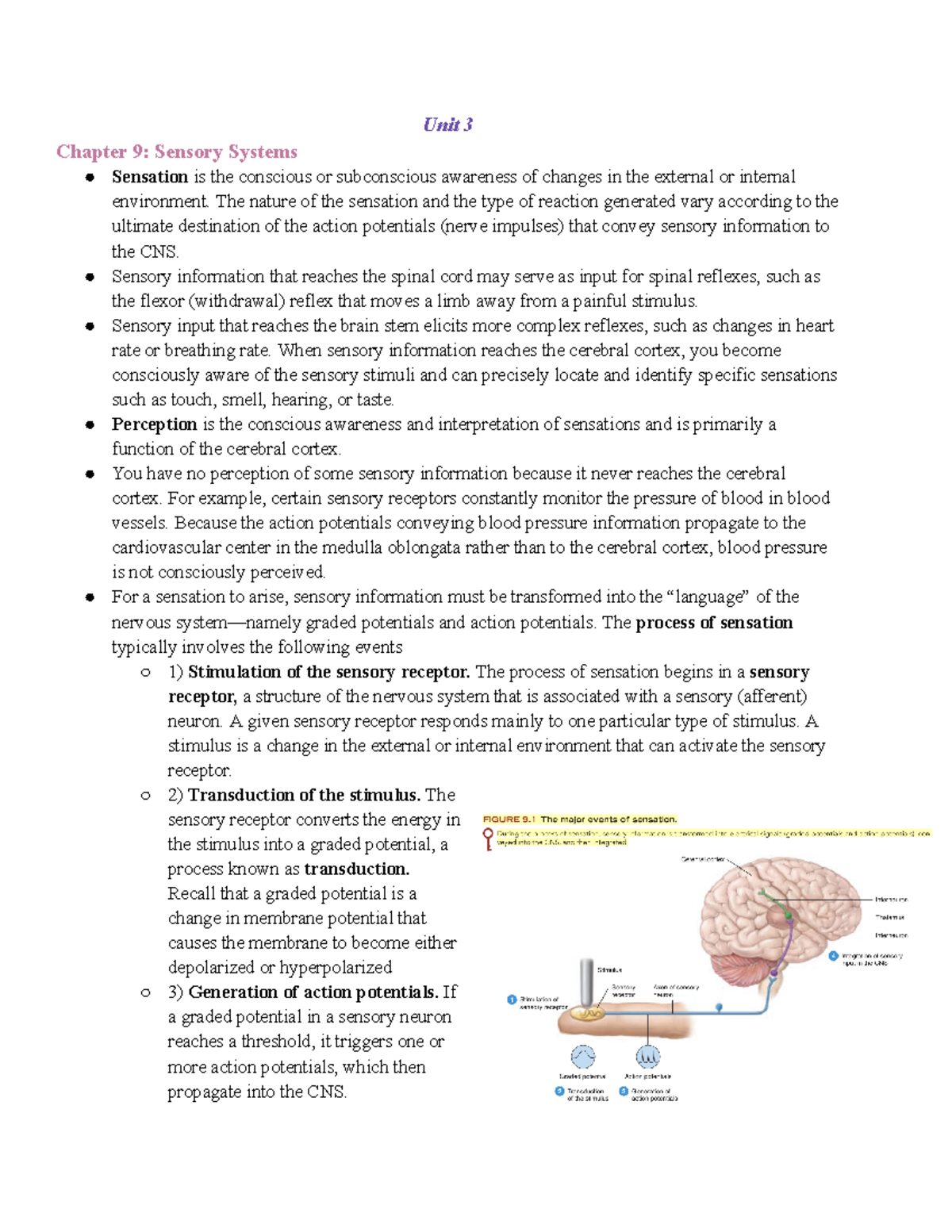 BIOL 230 UNIT 3 - TEXTBOOK LECTURE NOTES - Unit 3 Chapter 9: Sensory ...