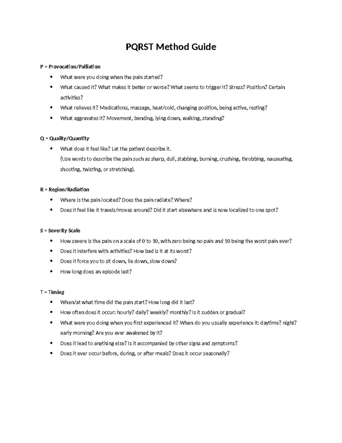 Pqrst Method Guide - PQRST Method Guide P = Provocation/Palliation What ...