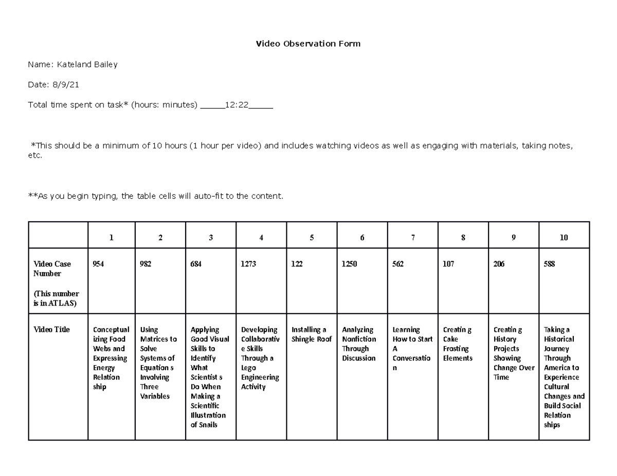 Video Observation Form C572- observation - Video Observation Form Name ...