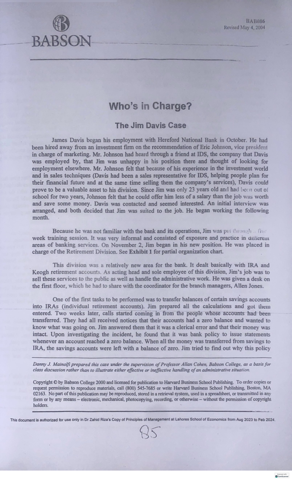 Who’s in charge (case study 1) - BAB086 Revised May 4, 2004 BABSON in ...