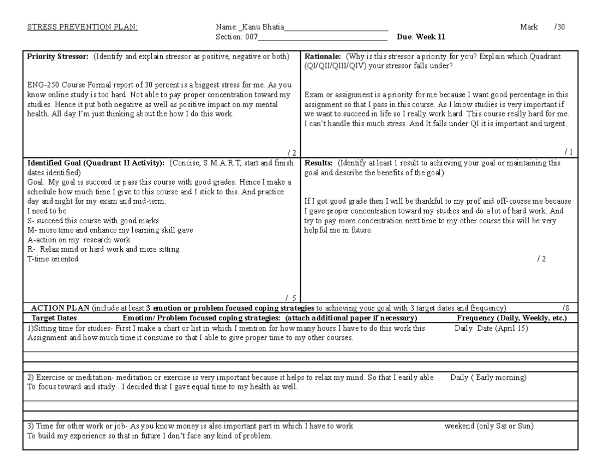 Assignment 2 - GNED 137 - Due Week 11 - STRESS PREVENTION PLAN: Name ...