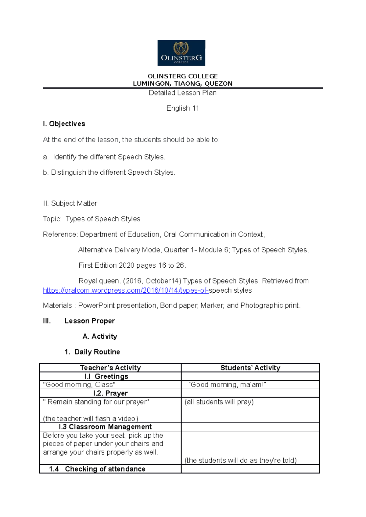 Types of speech styles - OLINSTERG COLLEGE LUMINGON, TIAONG, QUEZON ...