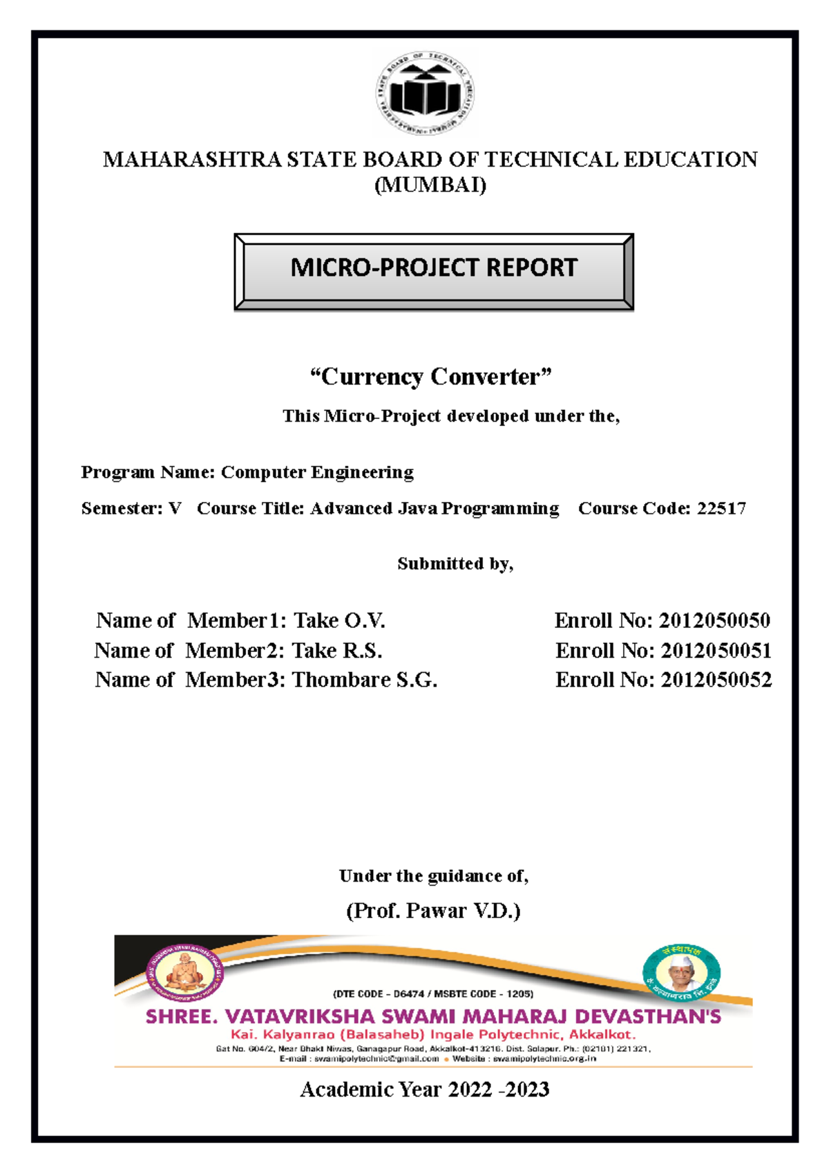 Micro Project Report Front Page Maharashtra State Board Of Technical Education Mumbai 
