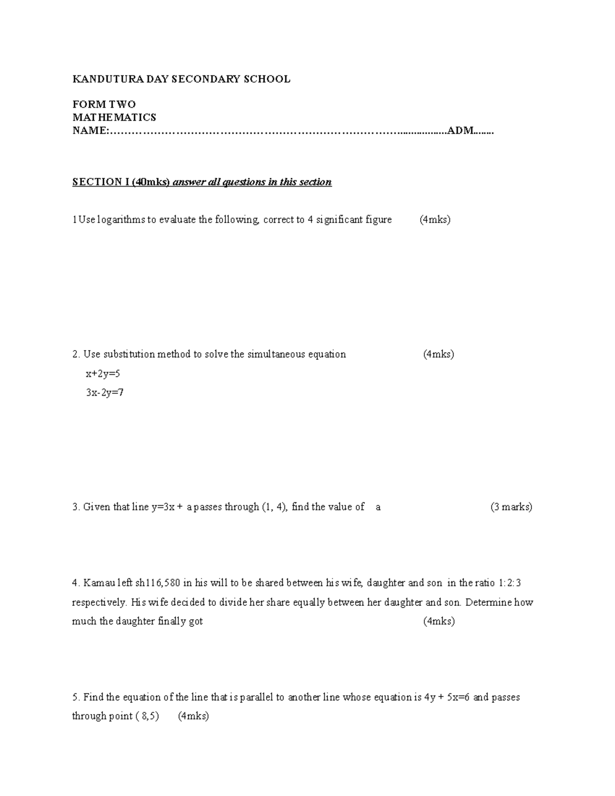 Math f2 - Mr Amos - KANDUTURA DAY SECONDARY SCHOOL FORM TWO MATHEMATICS ...