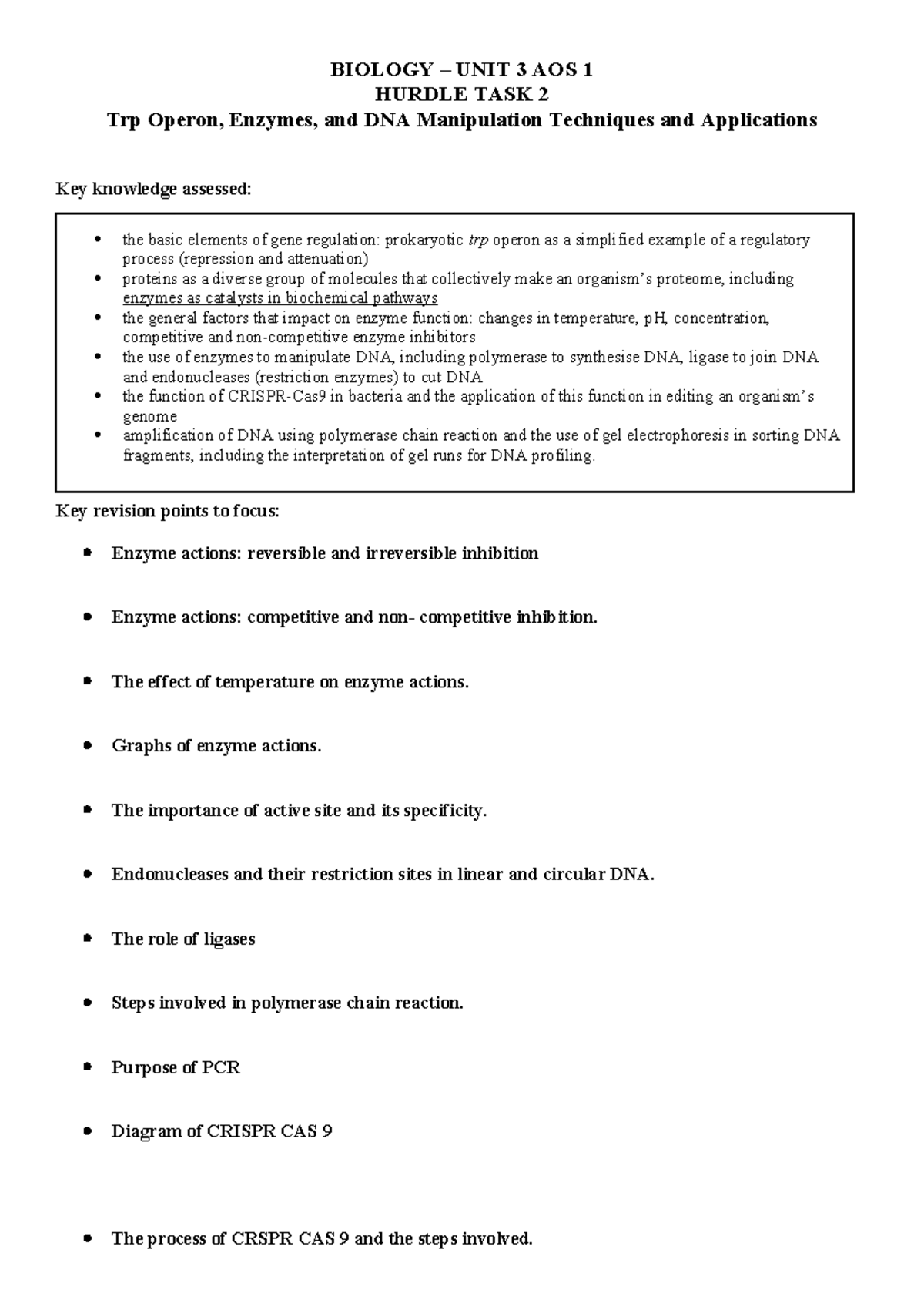 Revision Dot Points Unit 3 AOS1 Hurdle Task 2 - trp operon enzymes and ...