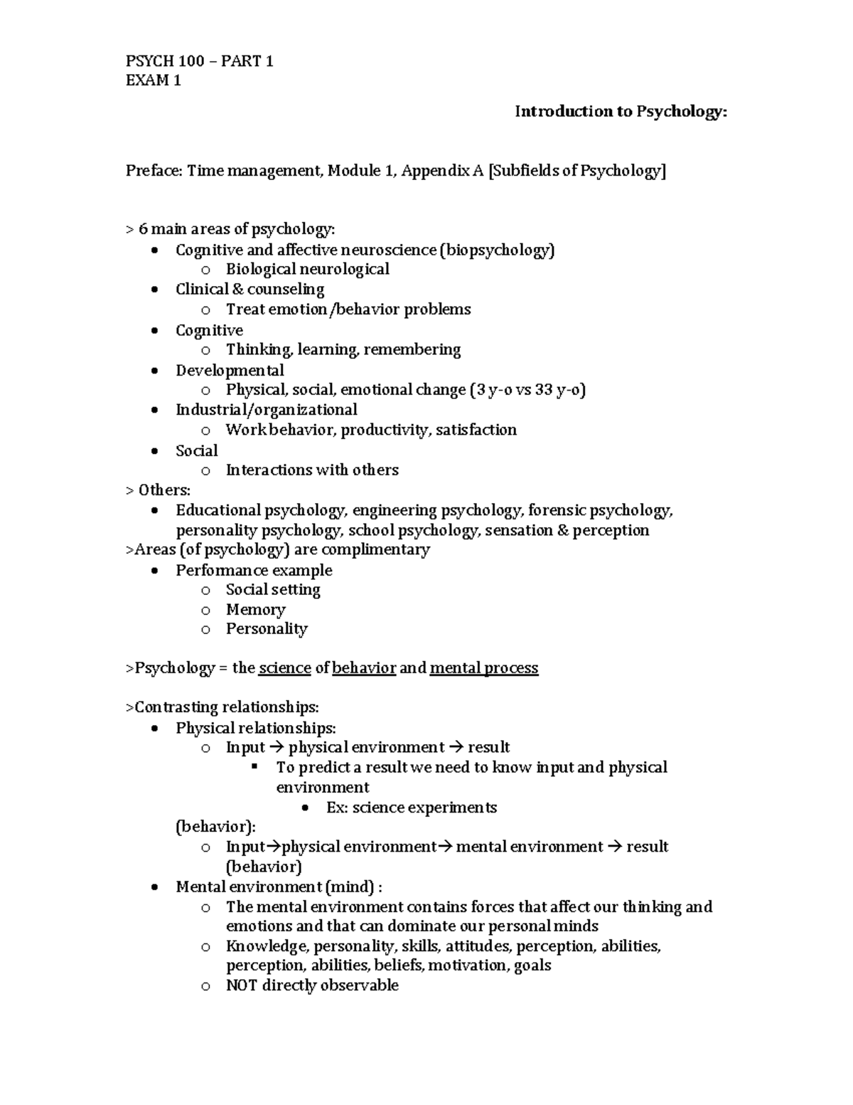Part 1 Compact - PSYCH 100 PART 1 EXAM 1 Introduction to Psychology ...