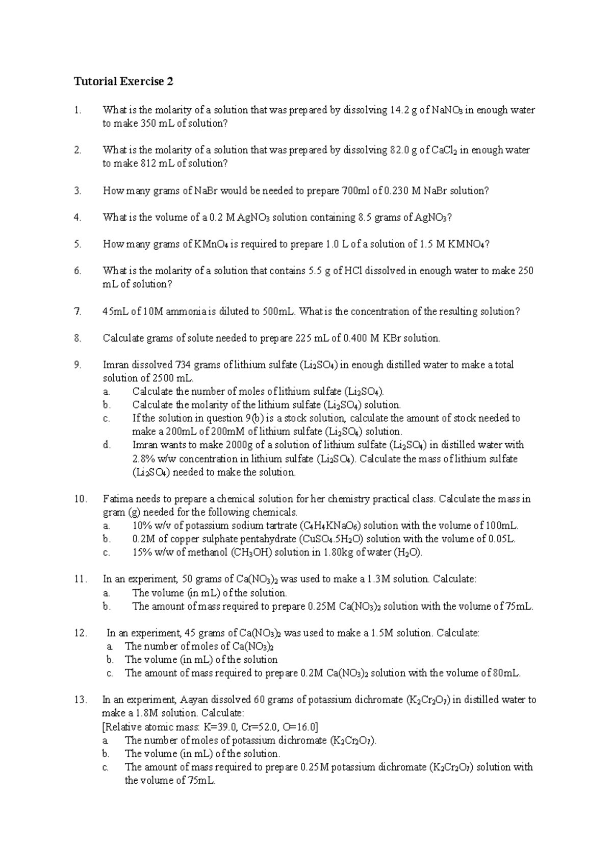 Tutorial Exercise 2 - Volumetric Analysis - Tutorial Exercise 2 What is the molarity of a ...