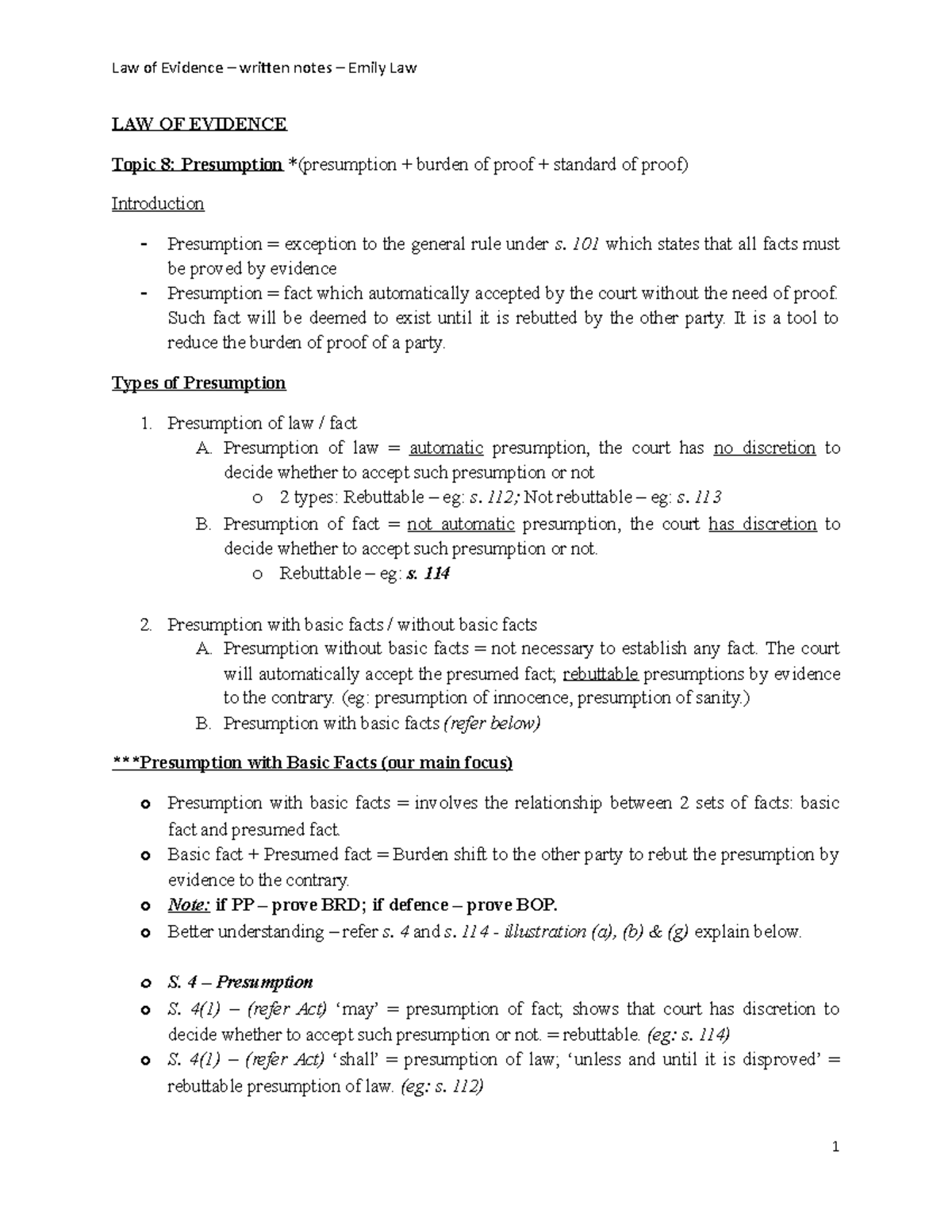 Written-Notes-Topic-8 - LAW OF EVIDENCE Topic 8: Presumption ...