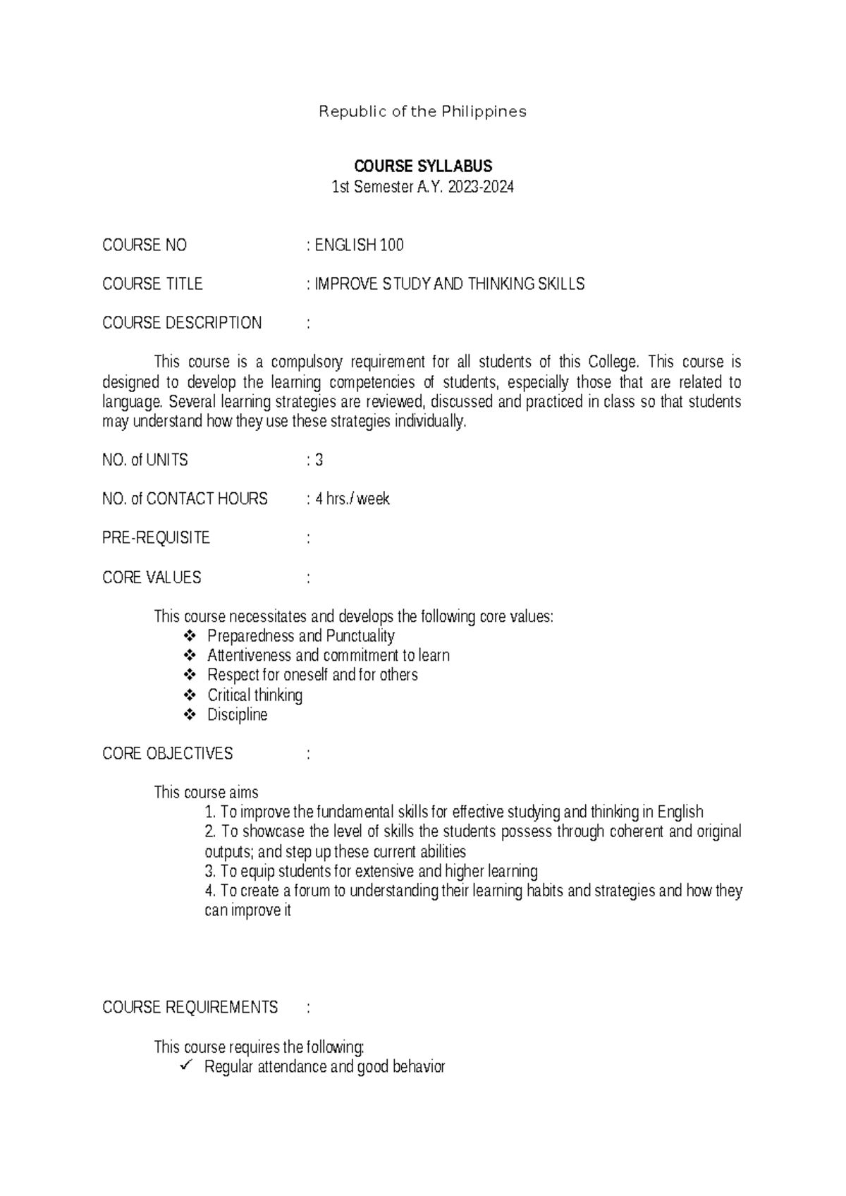 Course Syllabus- English 100 - Republic of the Philippines COURSE ...