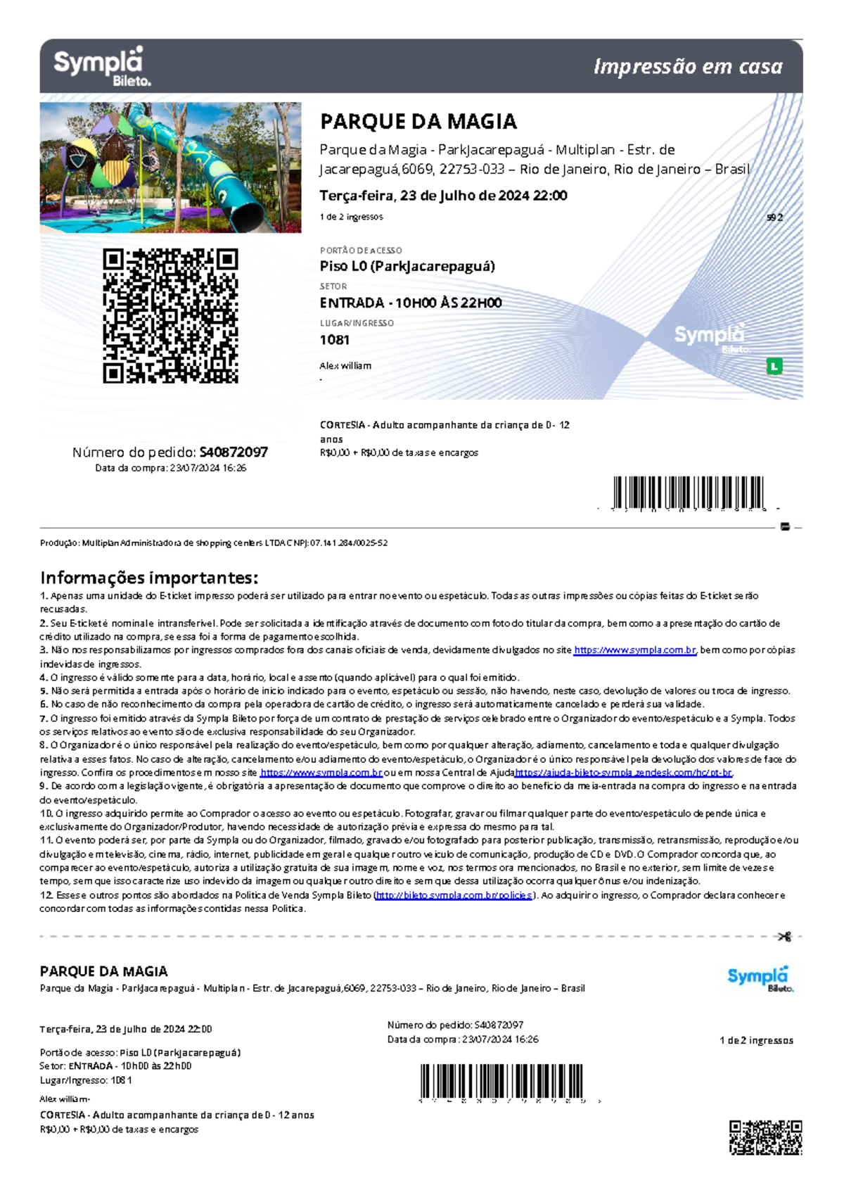 Ingresso parque 1 - Só enviei pra poder baixar um arquivo, me desculpem - 1 de 2 ingressos 592 ...