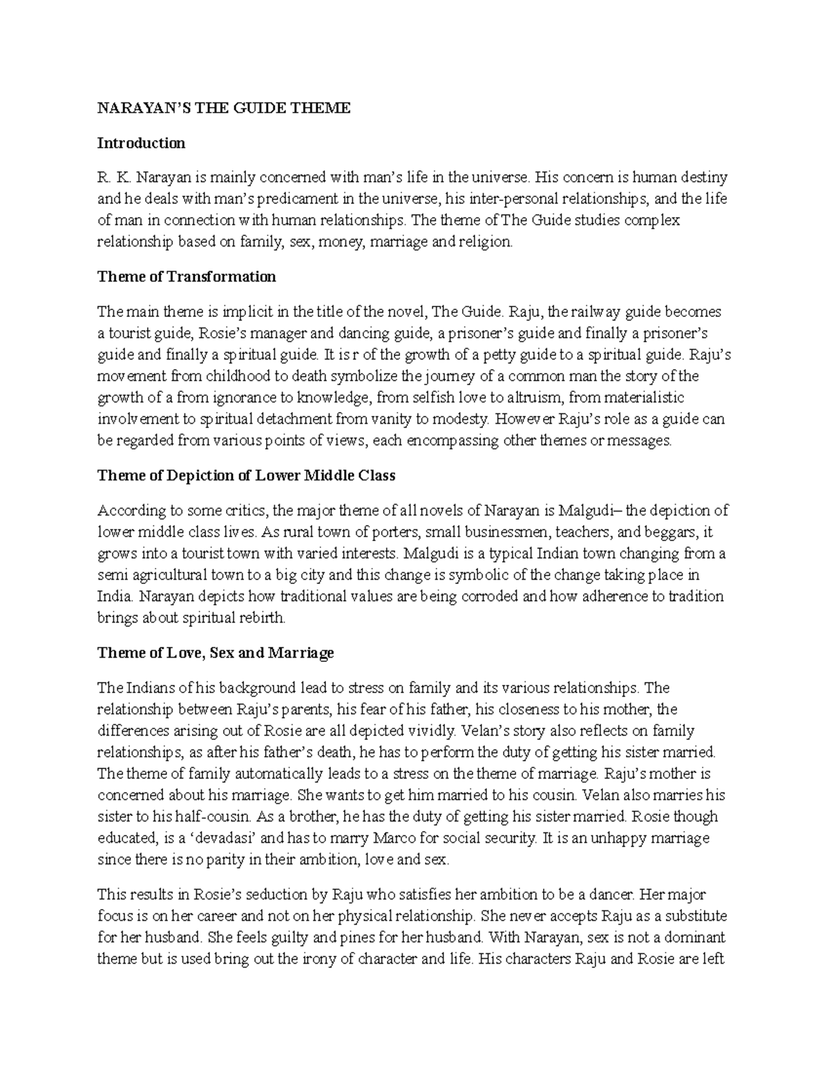 R.K Narayan The Guide theme - NARAYAN’S THE GUIDE THEME Introduction R ...