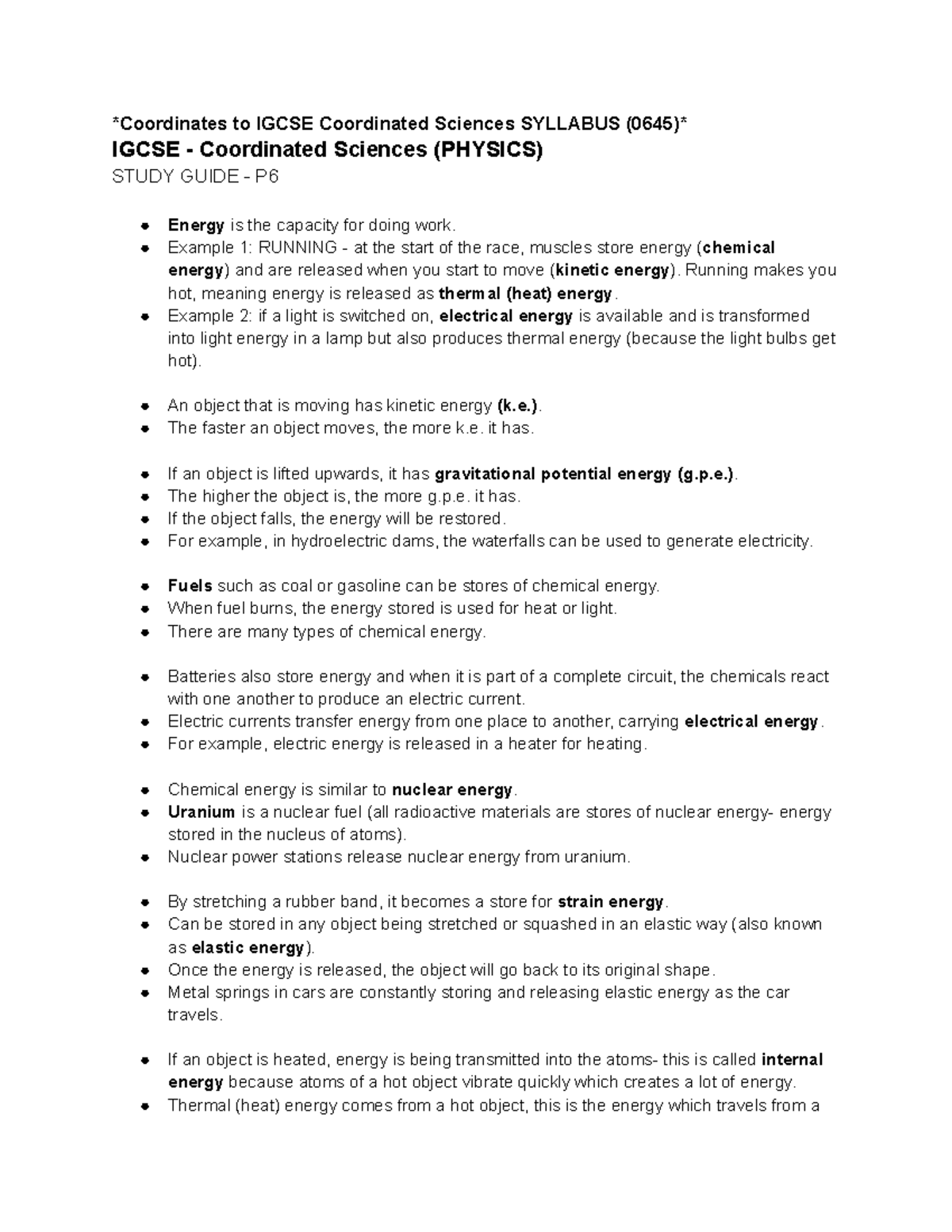 P6. Energy transformations and energy transfers - Coordinates to IGCSE ...