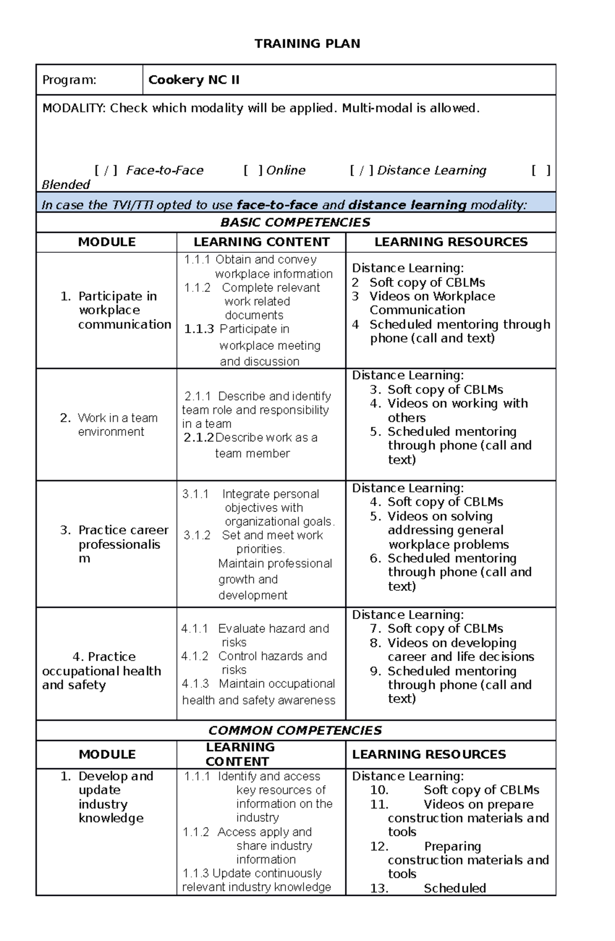 Training PLAN Cookeryncii - TRAINING PLAN Program: Cookery NC II ...