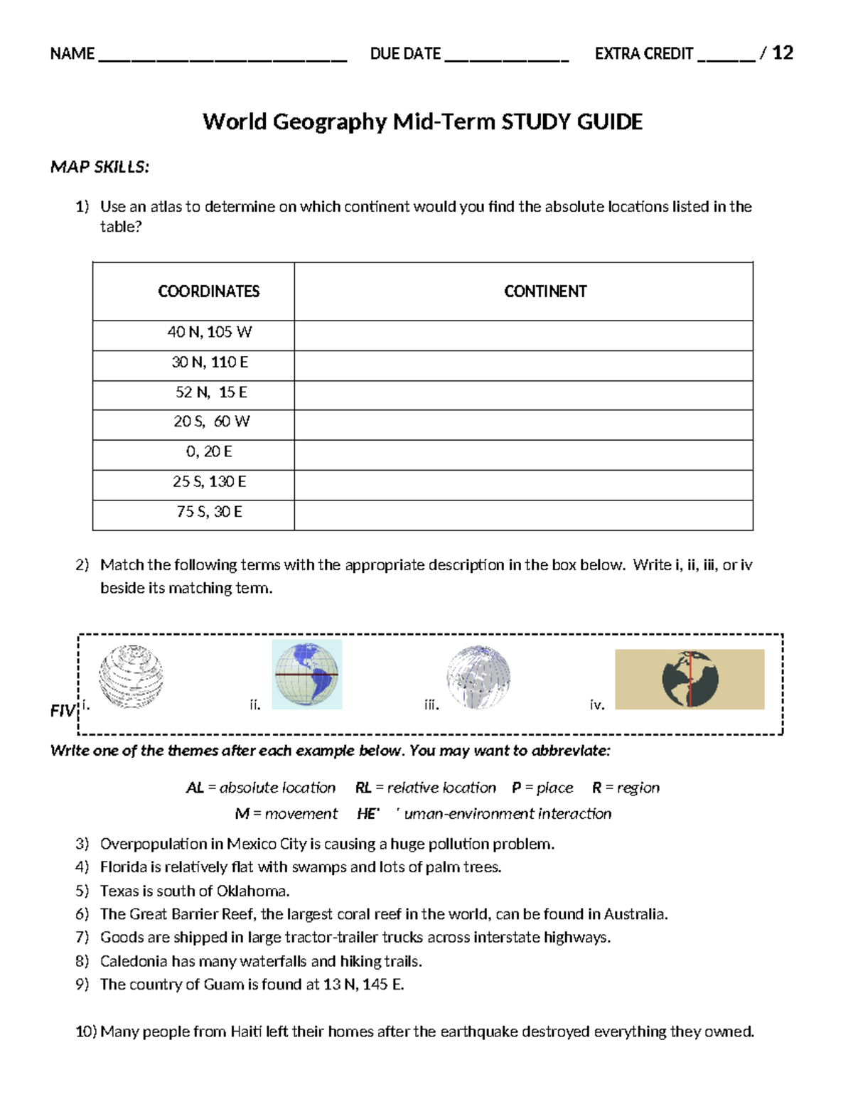 Mid-Term Study Guide - NAME ______________________________ DUE DATE _______________ EXTRA CREDIT ...