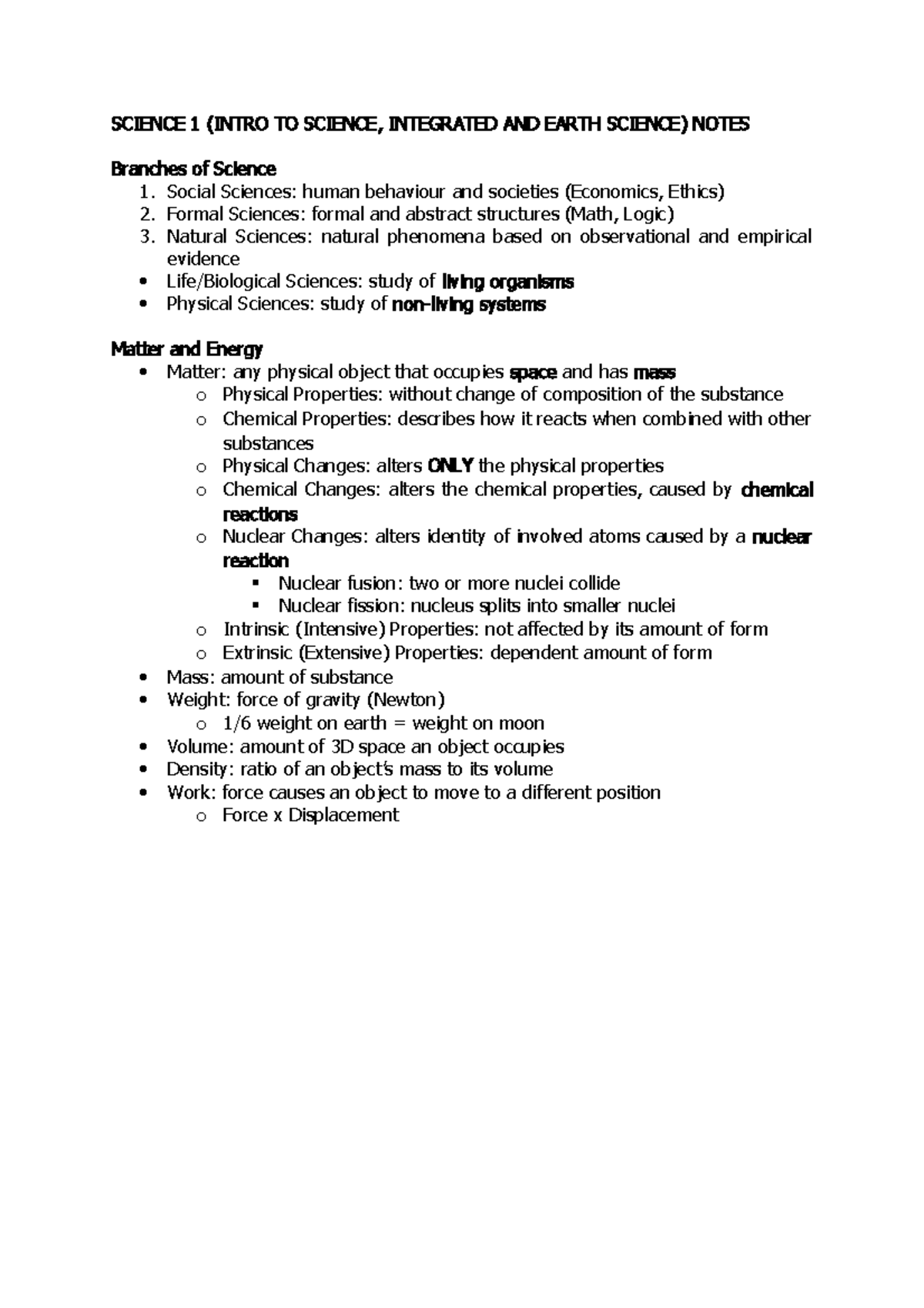 Copy of Science-1- Notes - SCIENCE 1 (INTRO TO SCIENCE, INTEGRATED AND ...