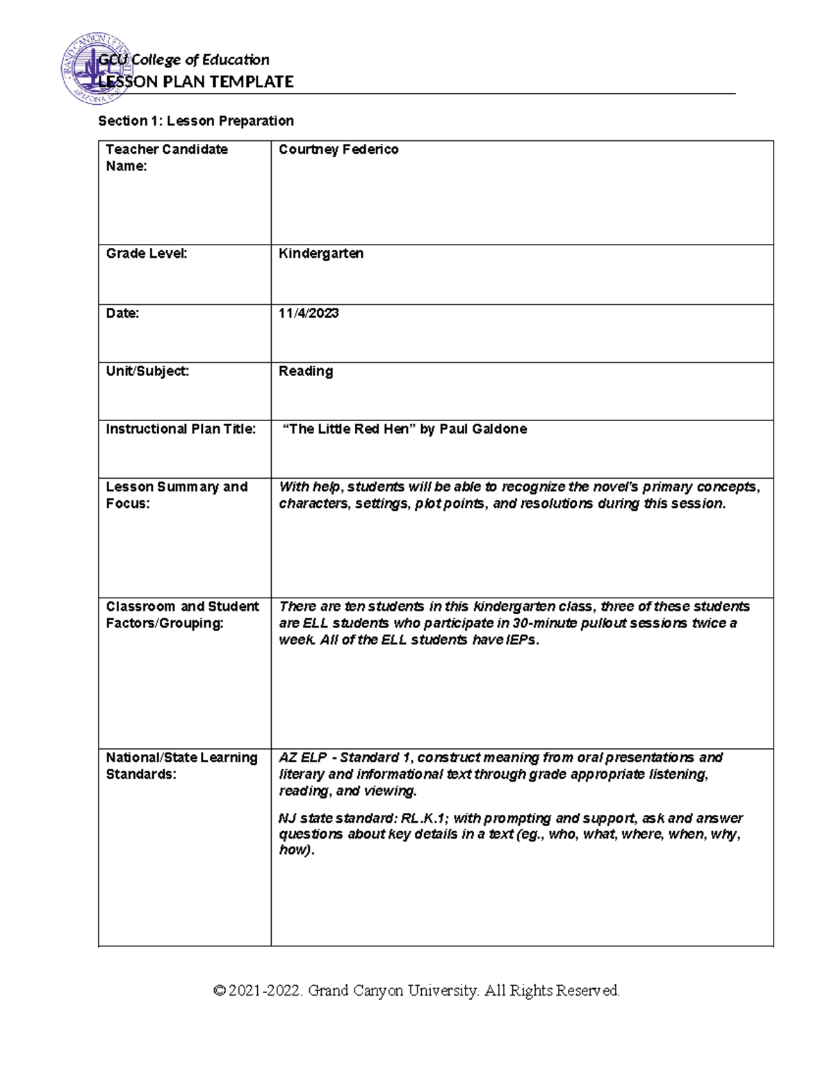 English Language Learners Lesson Plan - LESSON PLAN TEMPLATE Section 1 ...