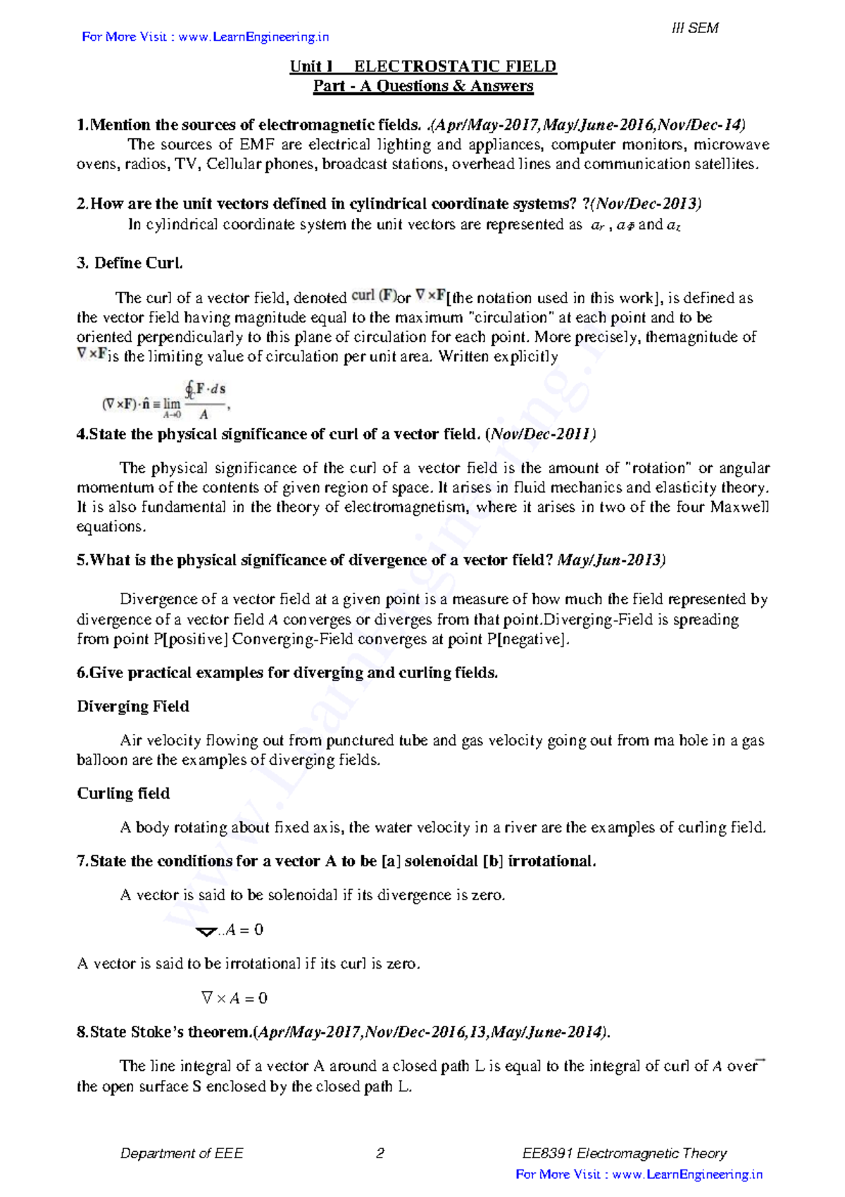 EE3301 QB 05- By Learn Engineering - Department of EEE 2 EE8391 Electromagnetic Theory Unit I ...