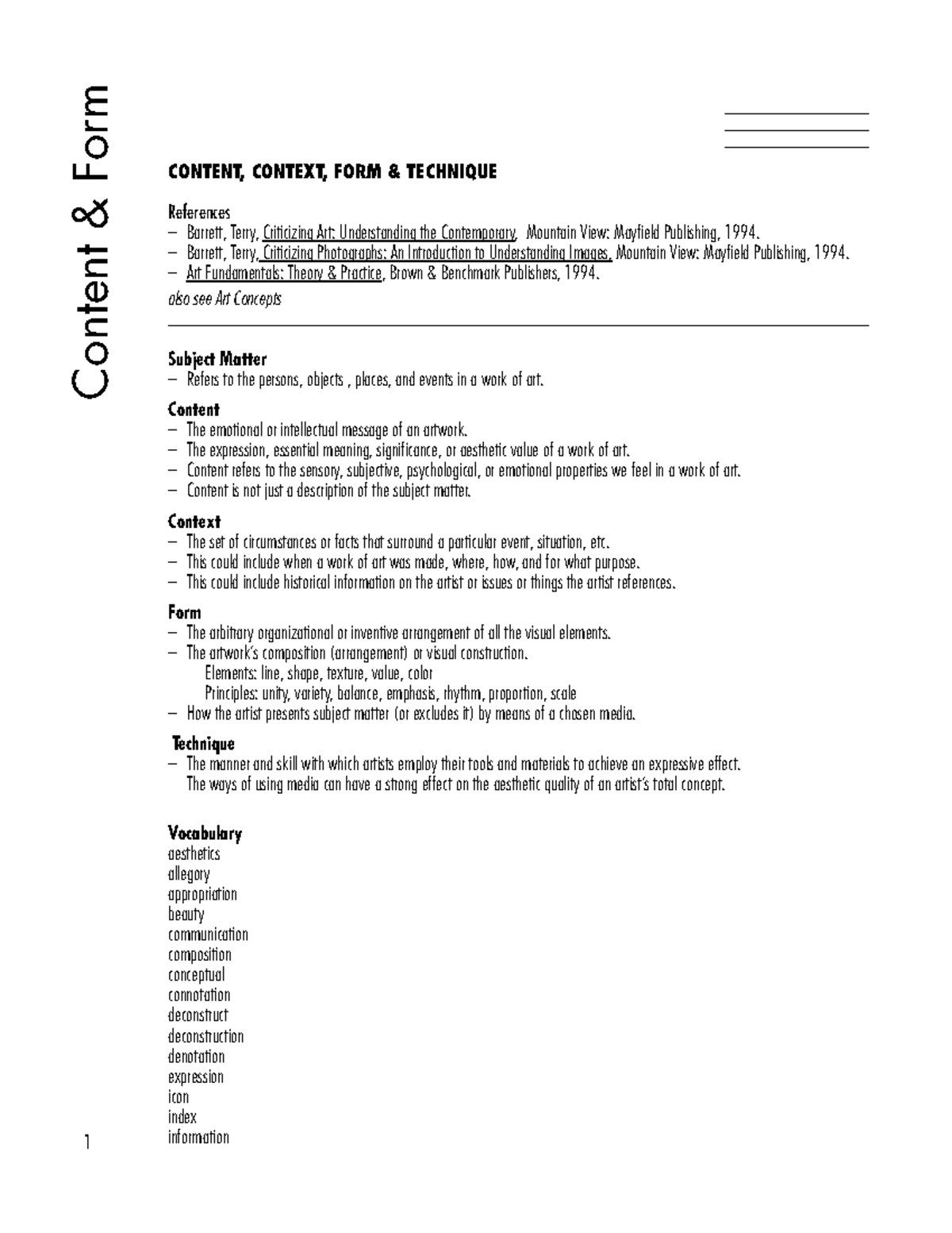 Content Form - Forms - 1 CONTENT, CONTEXT, FORM & TECHNIQUE References ...