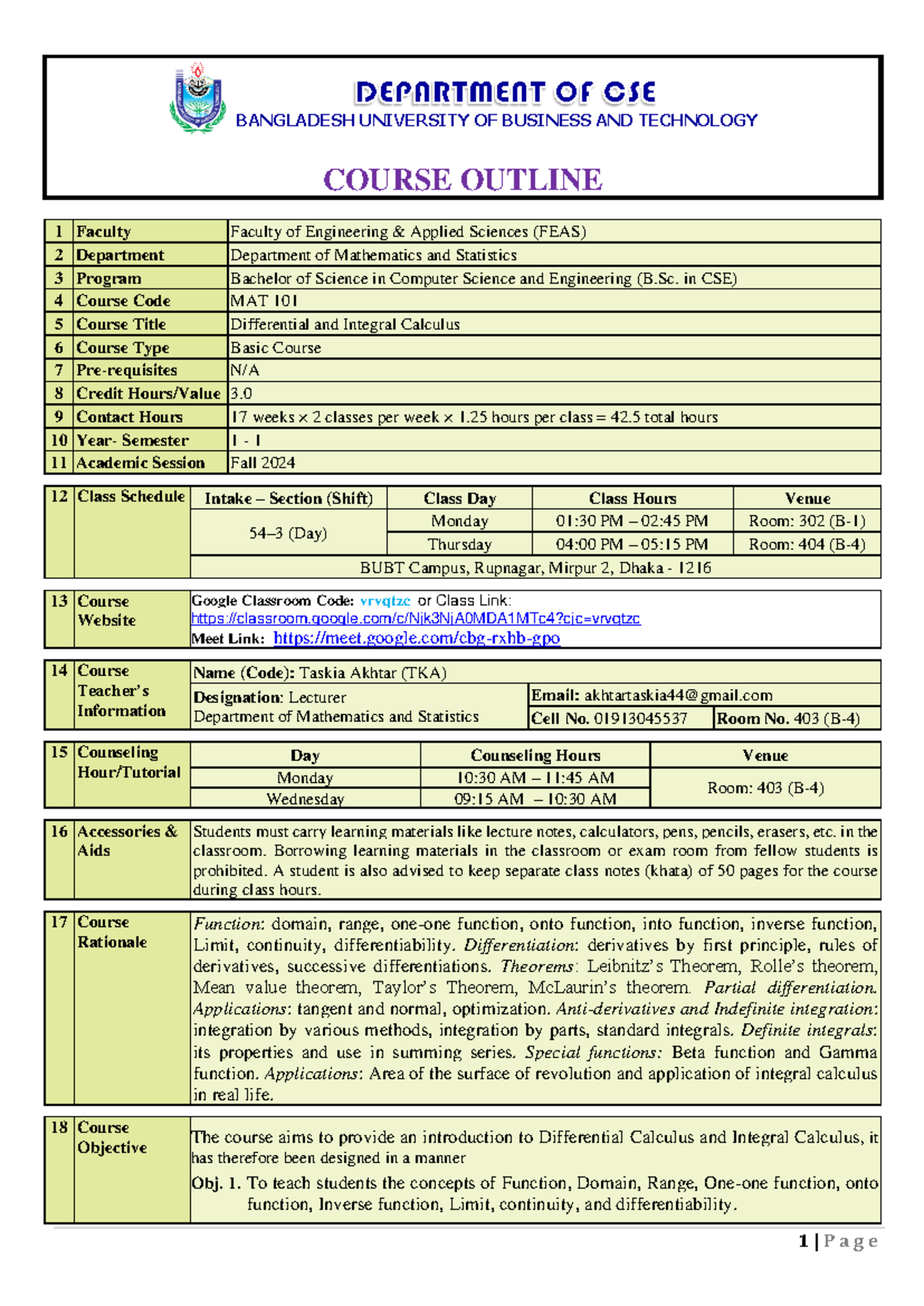 MATH 101 - Lab - BANGLADESH UNIVERSITY OF BUSINESS AND TECHNOLOGY ...