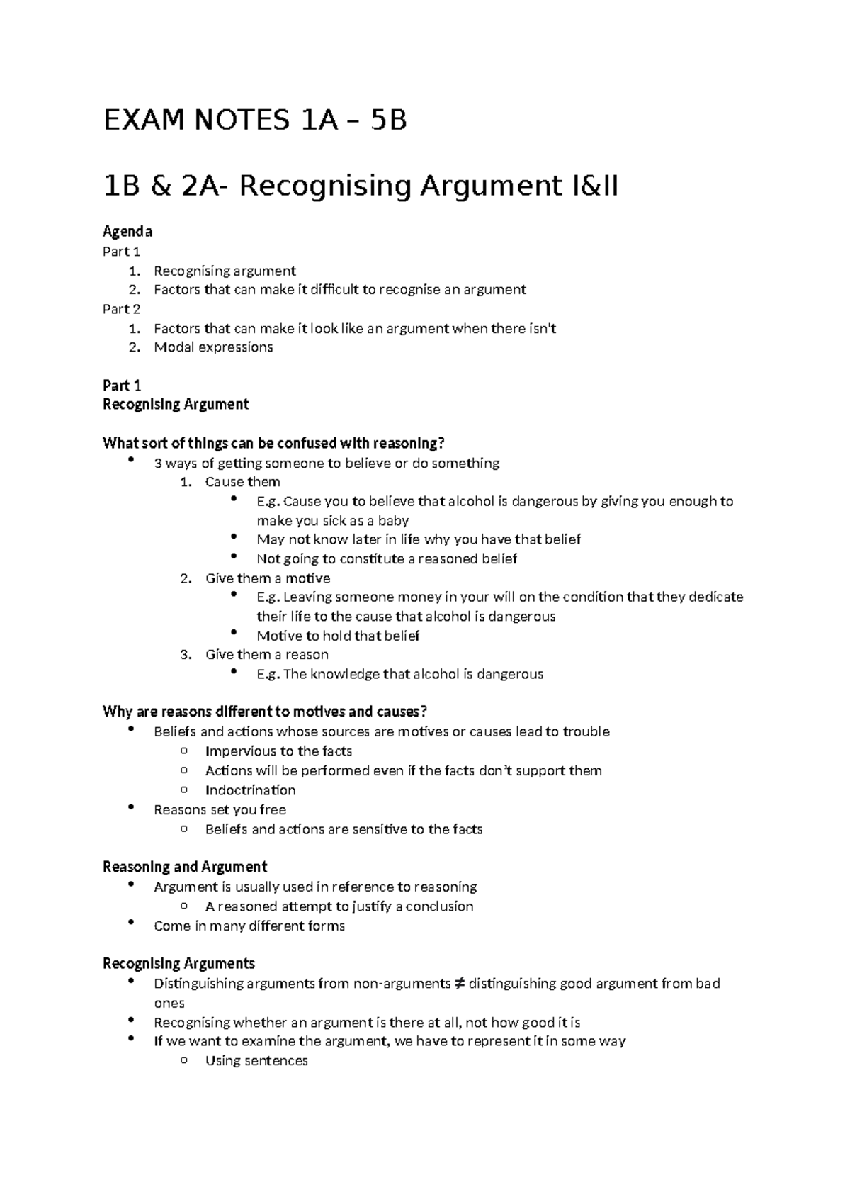 Exam Notes 1A - 5B - EXAM NOTES 1A – 5B 1B & 2A- Recognising Argument I ...