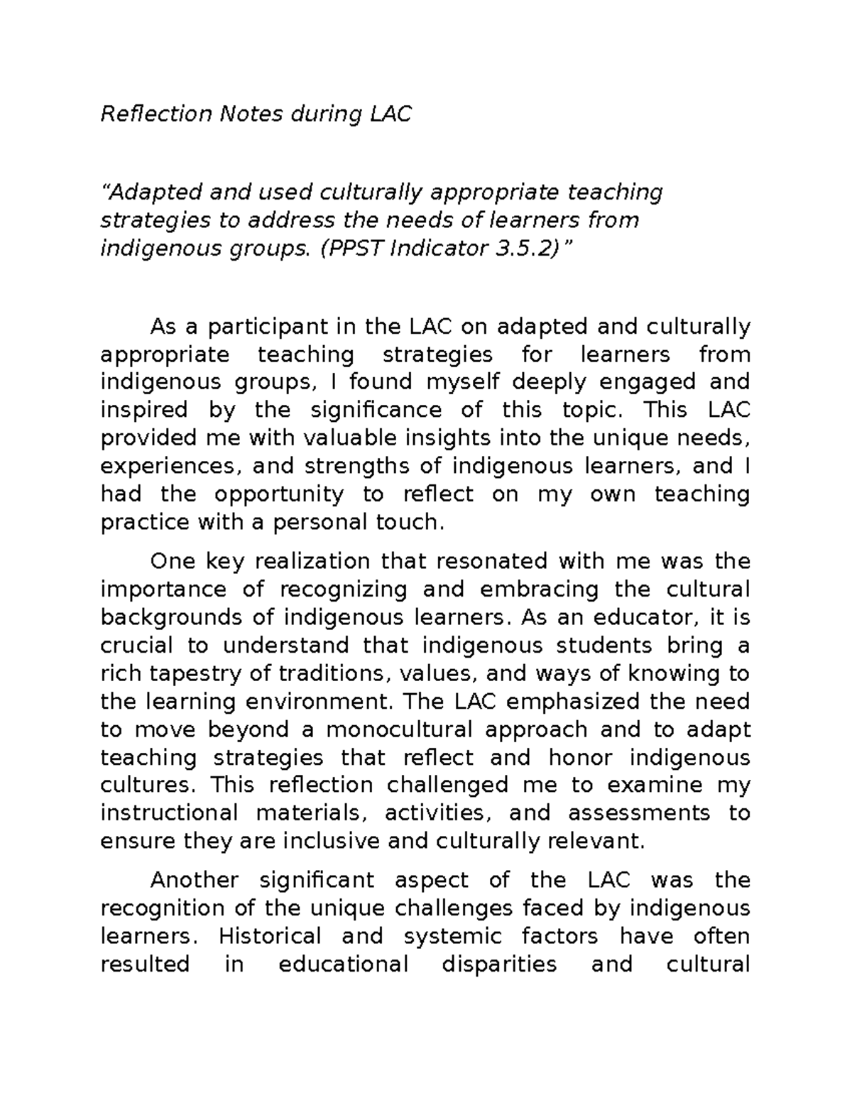 Reflection Notes during LAC #3 - Reflection Notes during LAC “Adapted ...