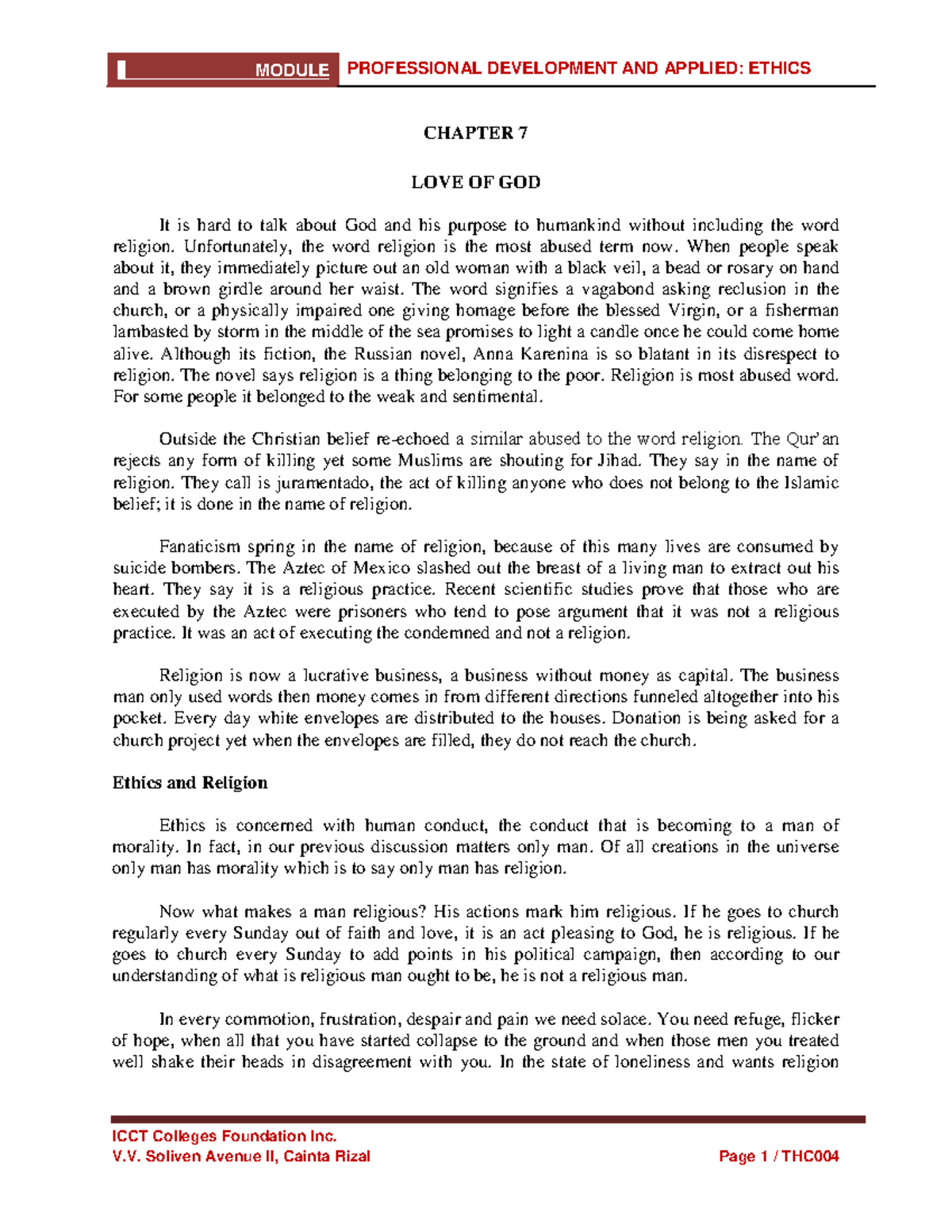 Module 7 -THC004 Chapter - ICCT Colleges Foundation Inc. CHAPTER 7 LOVE ...