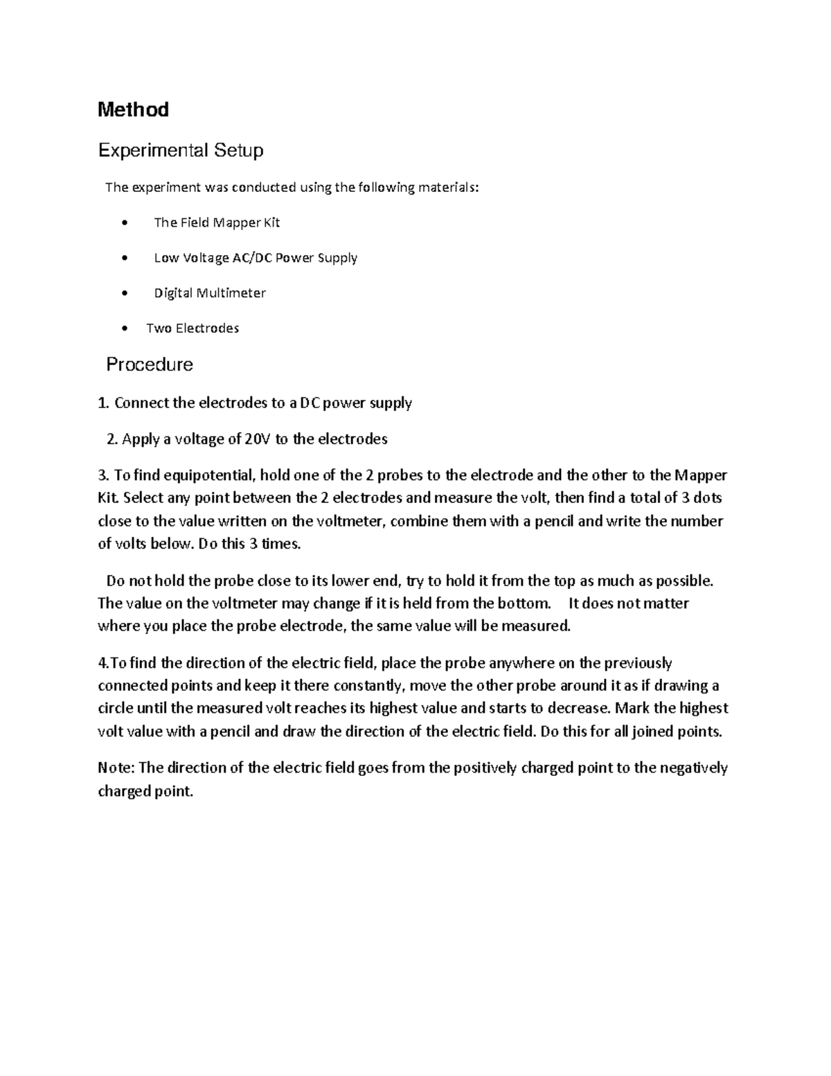 EQUIPOTENTIAL AND ELECTRIC FIELD LINES - Method Experimental Setup The ...