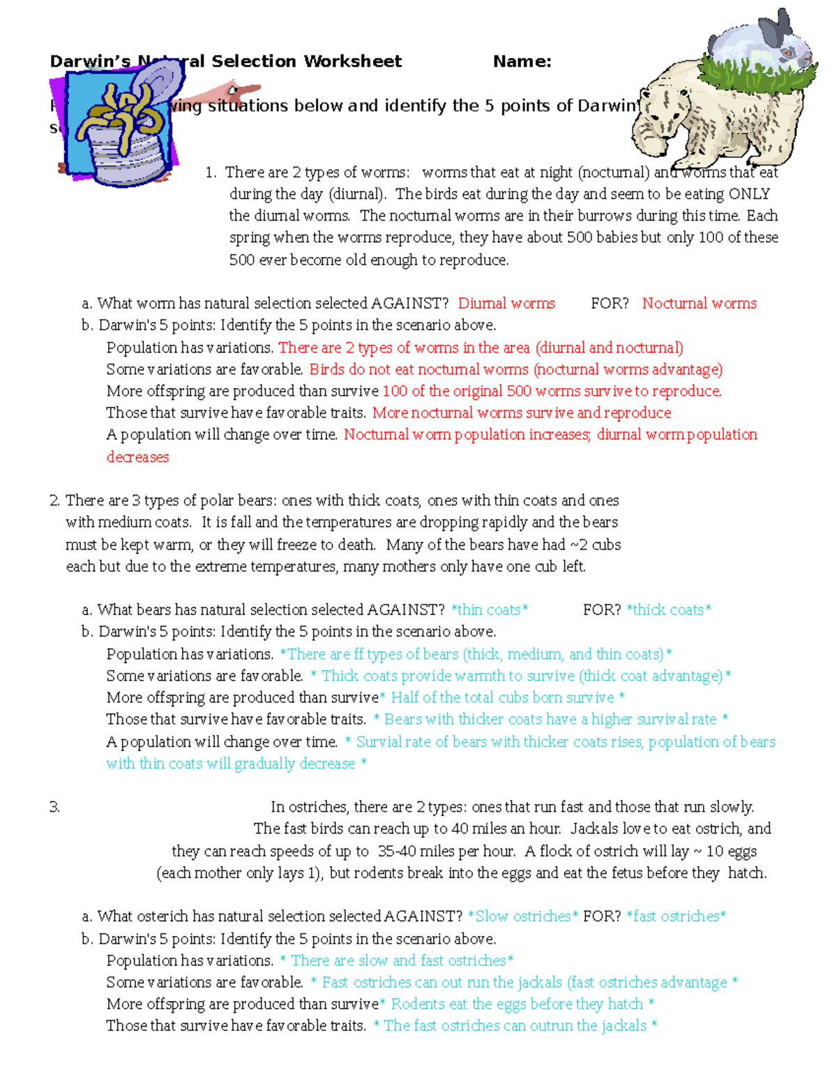 Natural selection ws - Darwin’s Natural Selection Worksheet Name: Read ...