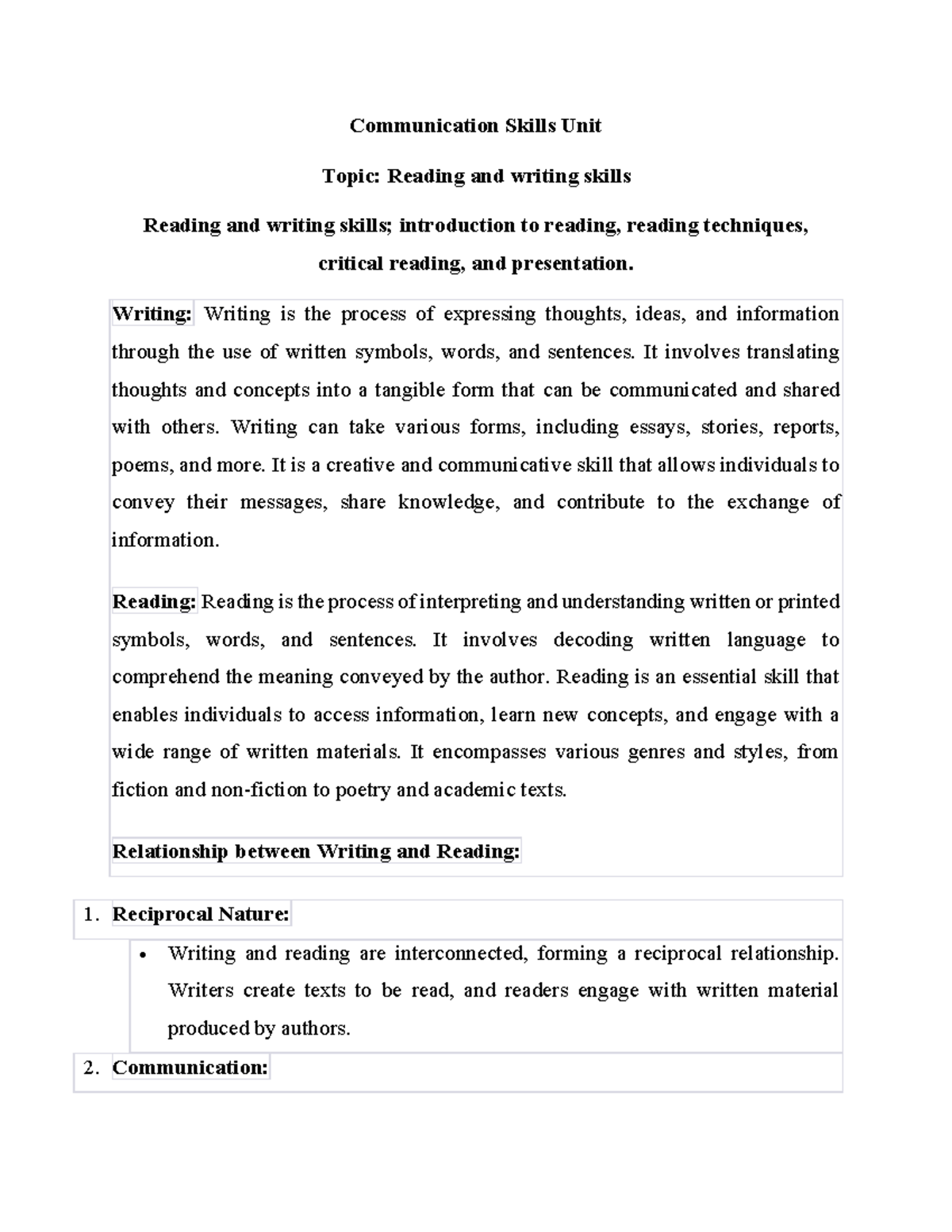 Communication Skills Reading & Writing skills notes - Communication ...