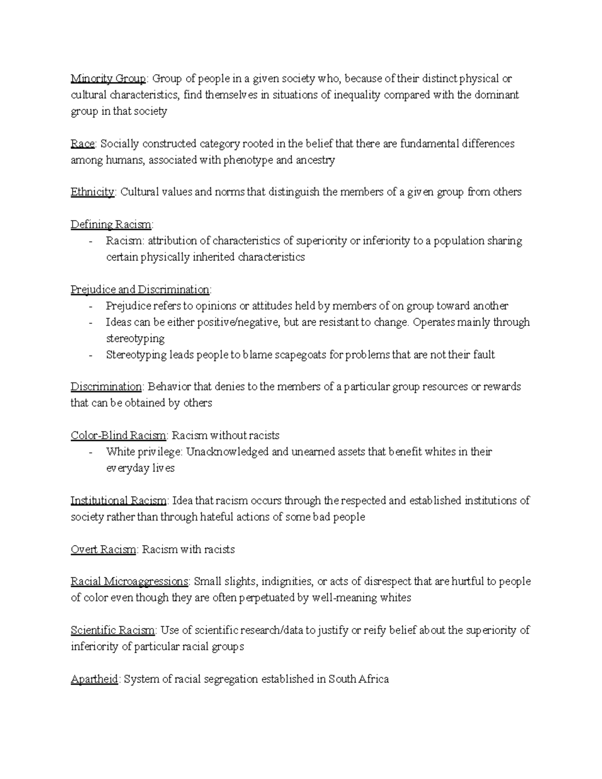 SOC200 Chapter 11 Notes - Minority Group: Group of people in a given ...