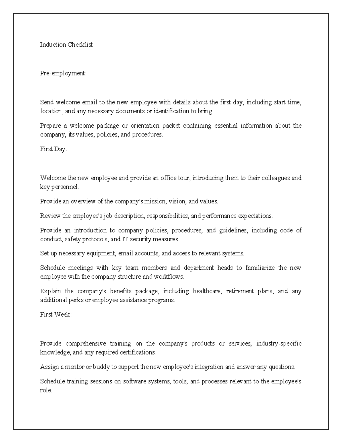 Induction Checklist - Good for - Induction Checklist Pre-employment ...