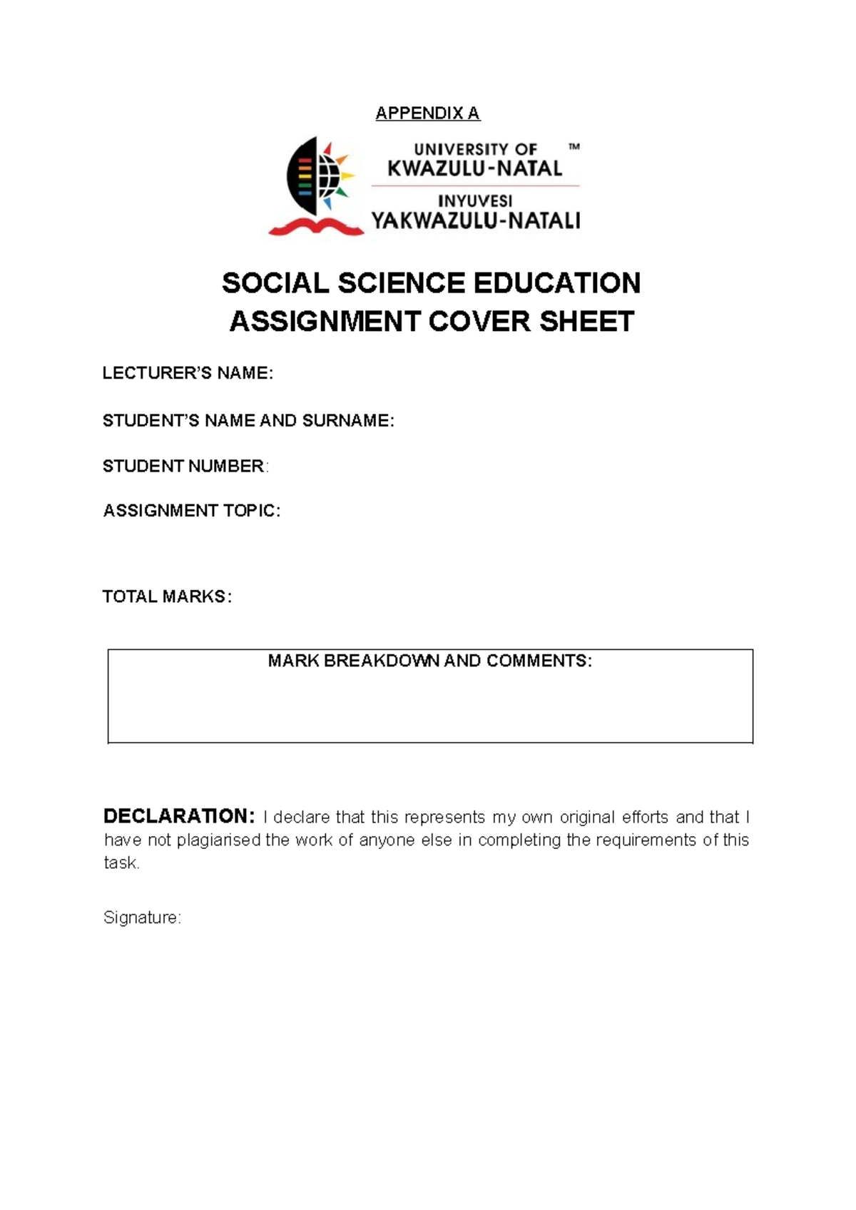 Cover page - APPENDIX A SOCIAL SCIENCE EDUCATION ASSIGNMENT COVER SHEET ...