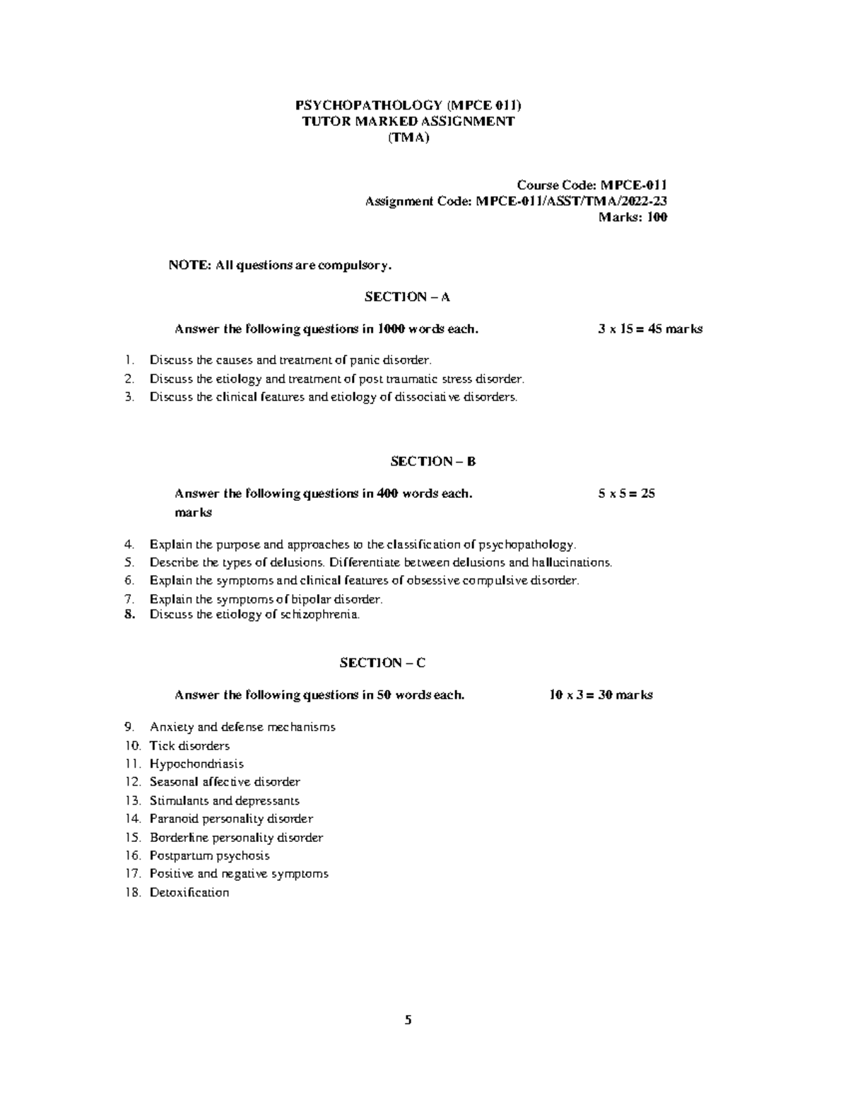 Mpce-11-wushtt - Descriptive answers - PSYCHOPATHOLOGY (MPCE 011) TUTOR ...