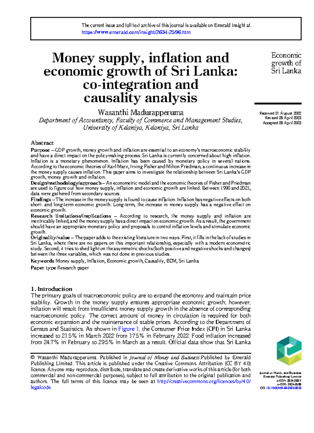 Emerald - Money supply, inflation and economic growth of Sri Lanka: co ...
