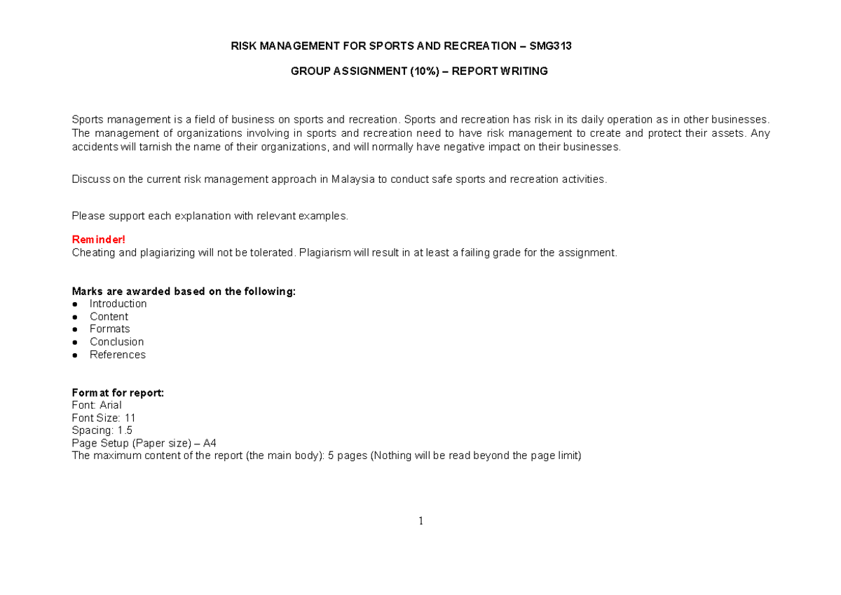 Assignment SMG313 Oct2023 - 1 RISK MANAGEMENT FOR SPORTS AND RECREATION ...