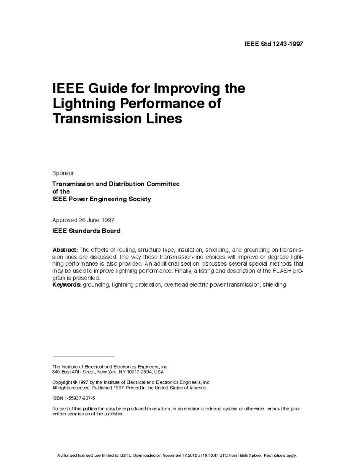1243-1997 - IEEE Guide for Improving the Lightning Performance of ...