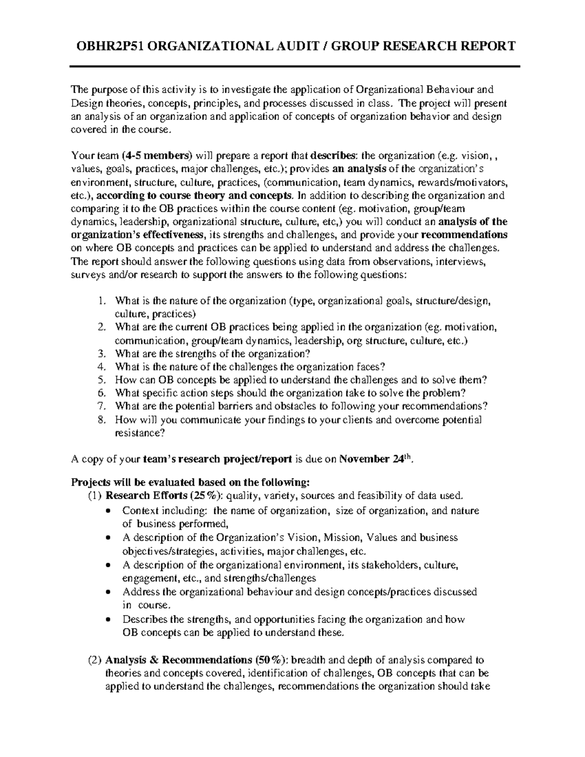 OBHR2P51 Group Research Project & Report Fall 23V2 - ####### OB ...