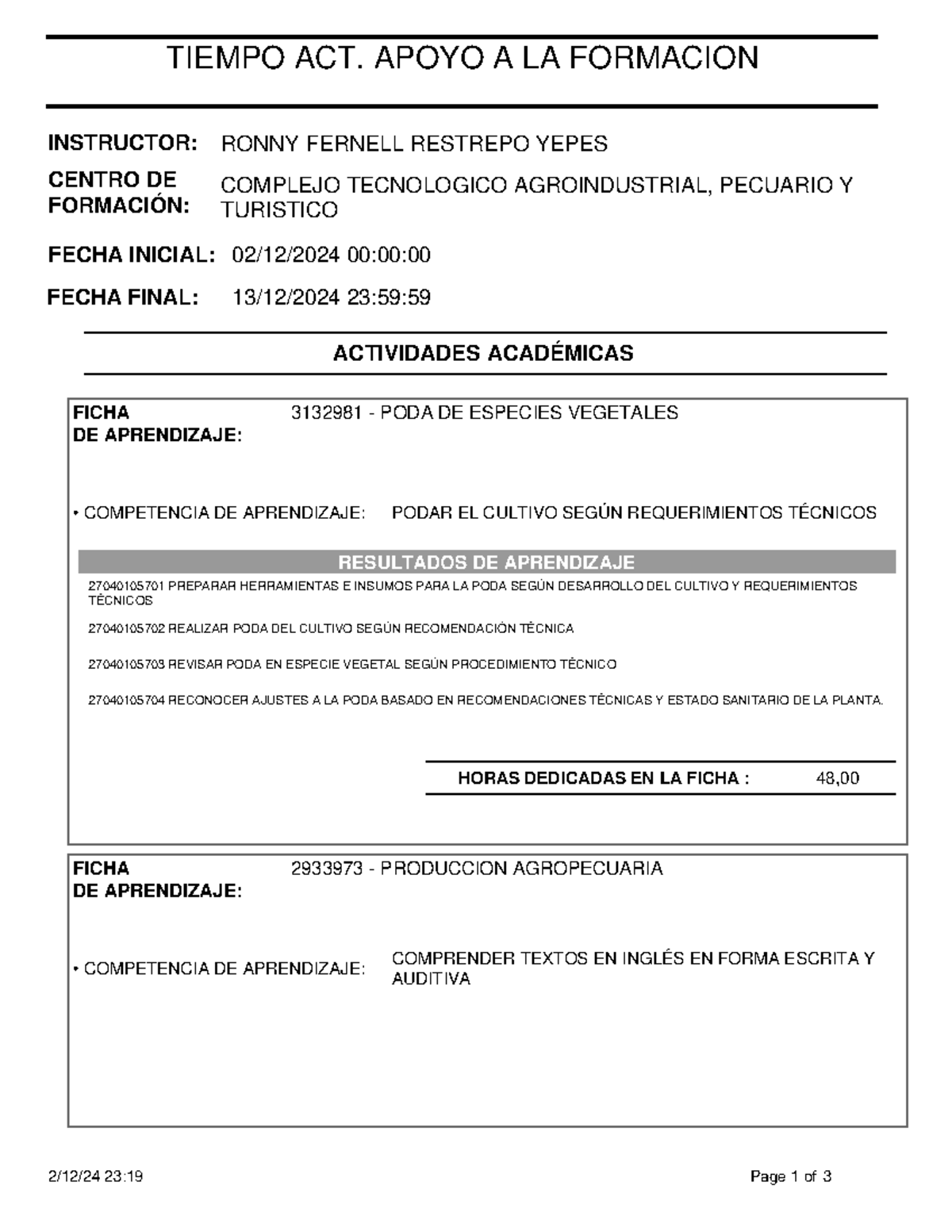 Informe Apoyo Formacion - TIEMPO ACT. APOYO A LA FORMACION INSTRUCTOR ...